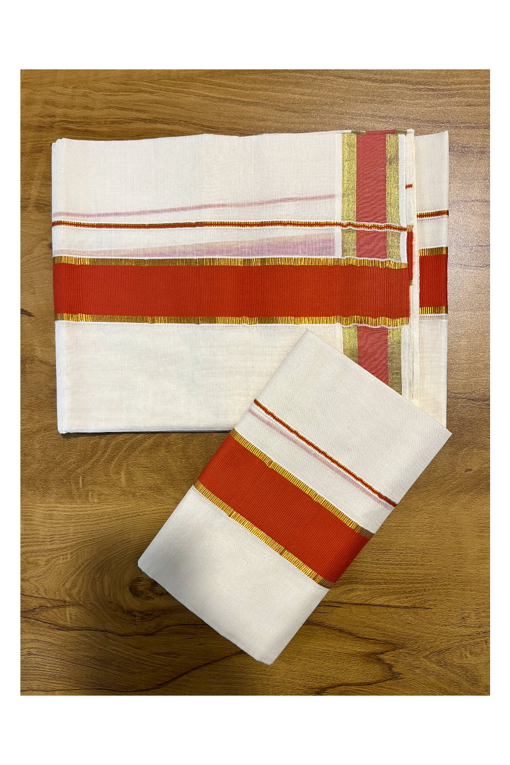 Pure Cotton Kerala Single Set Mundu (Mundum Neriyathum) with Orange an ...