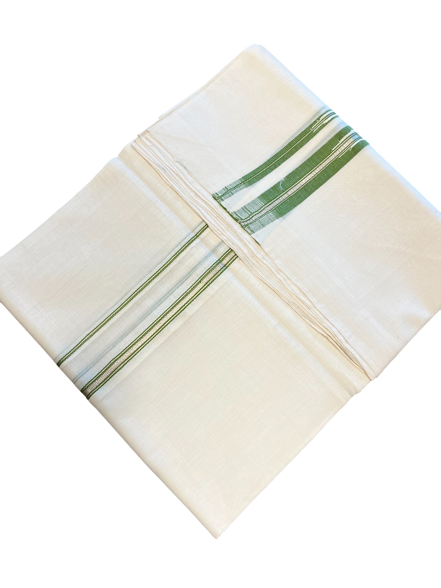 Southloom Premium Handloom Cotton Double Mundu with Silver and Green C ...