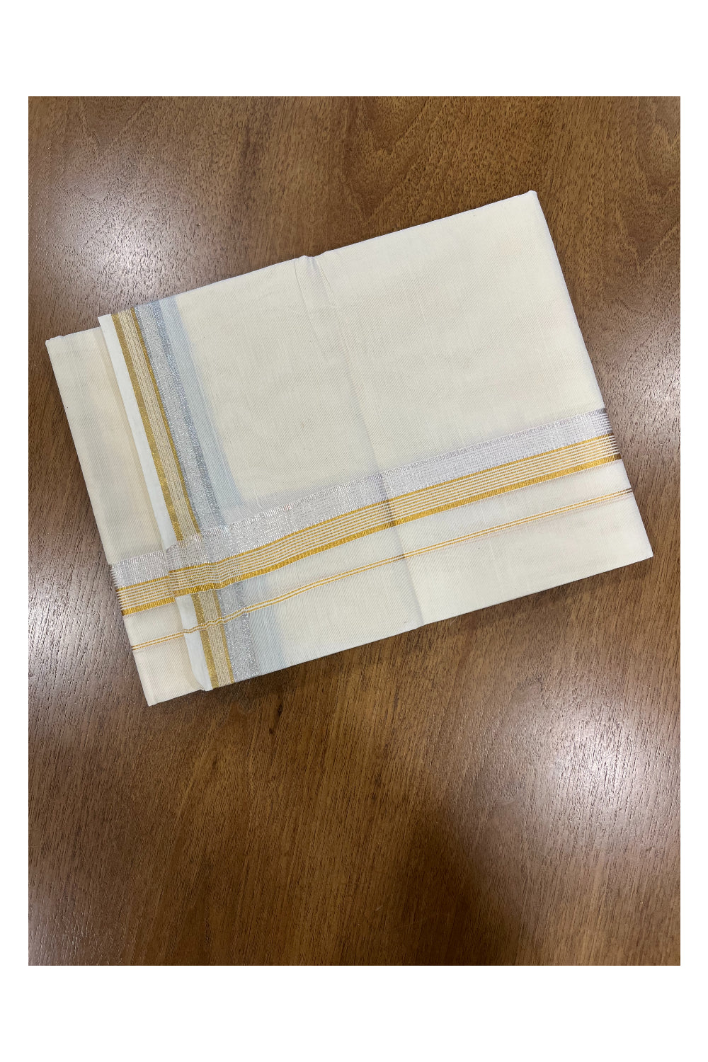 Pure Cotton Off White Double Mundu with Silver and Gold Kasavu Lines K ...