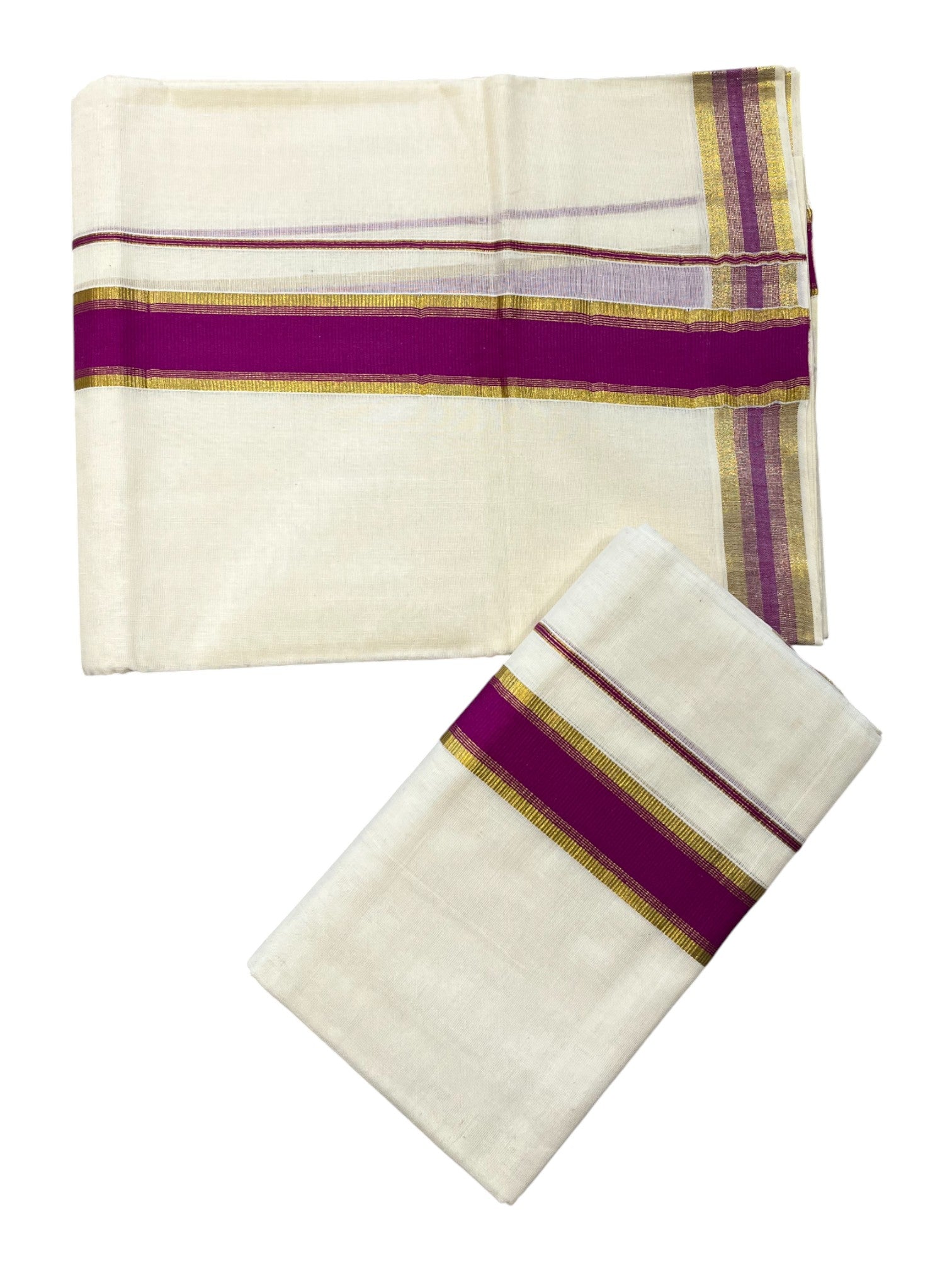 Kerala Cotton Set Mundu (Mundum Neriyathum) with Kasavu and Magentha B ...