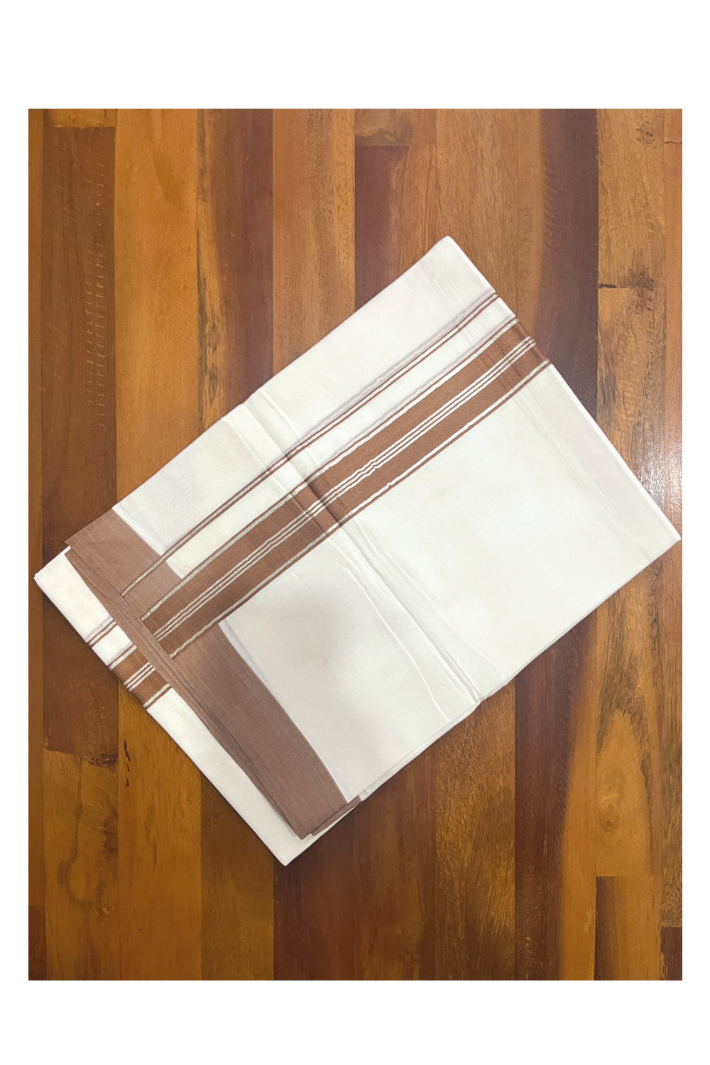 Pure White Cotton Double Mundu with Brown and Silver Kasavu Border (So ...