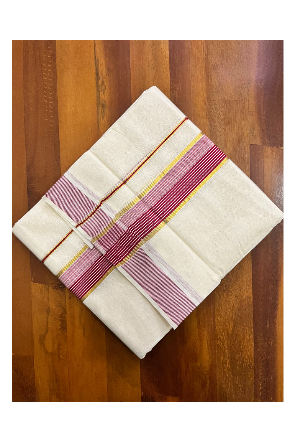 Pure Cotton Off White Kerala Double Mundu with Maroon and Kasavu Borde ...