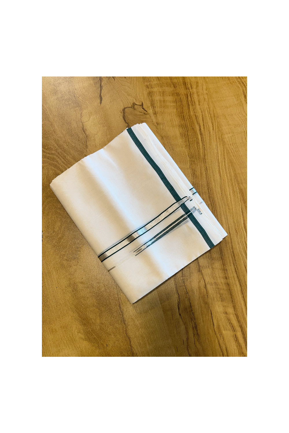 Southloom Premium Handloom Pure Cotton Mundu with Green and Sliver Wov ...