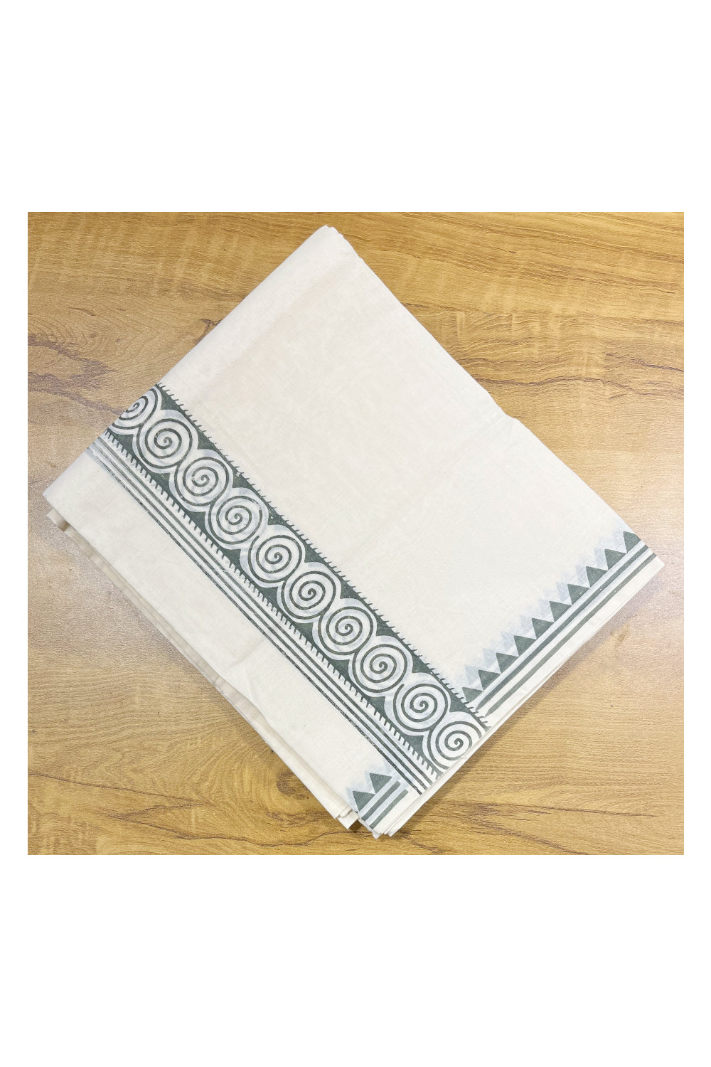 Pure Cotton Off White Double Mundu with Green Prints on Green Kara (So ...