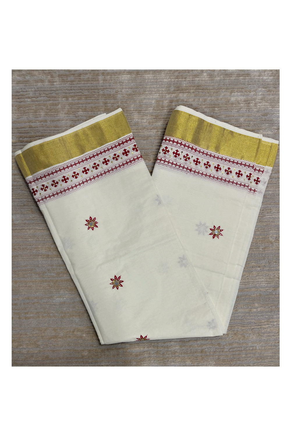 Southloom Maroon Block Print Kasavu Saree with Sequins Work on Prints ...