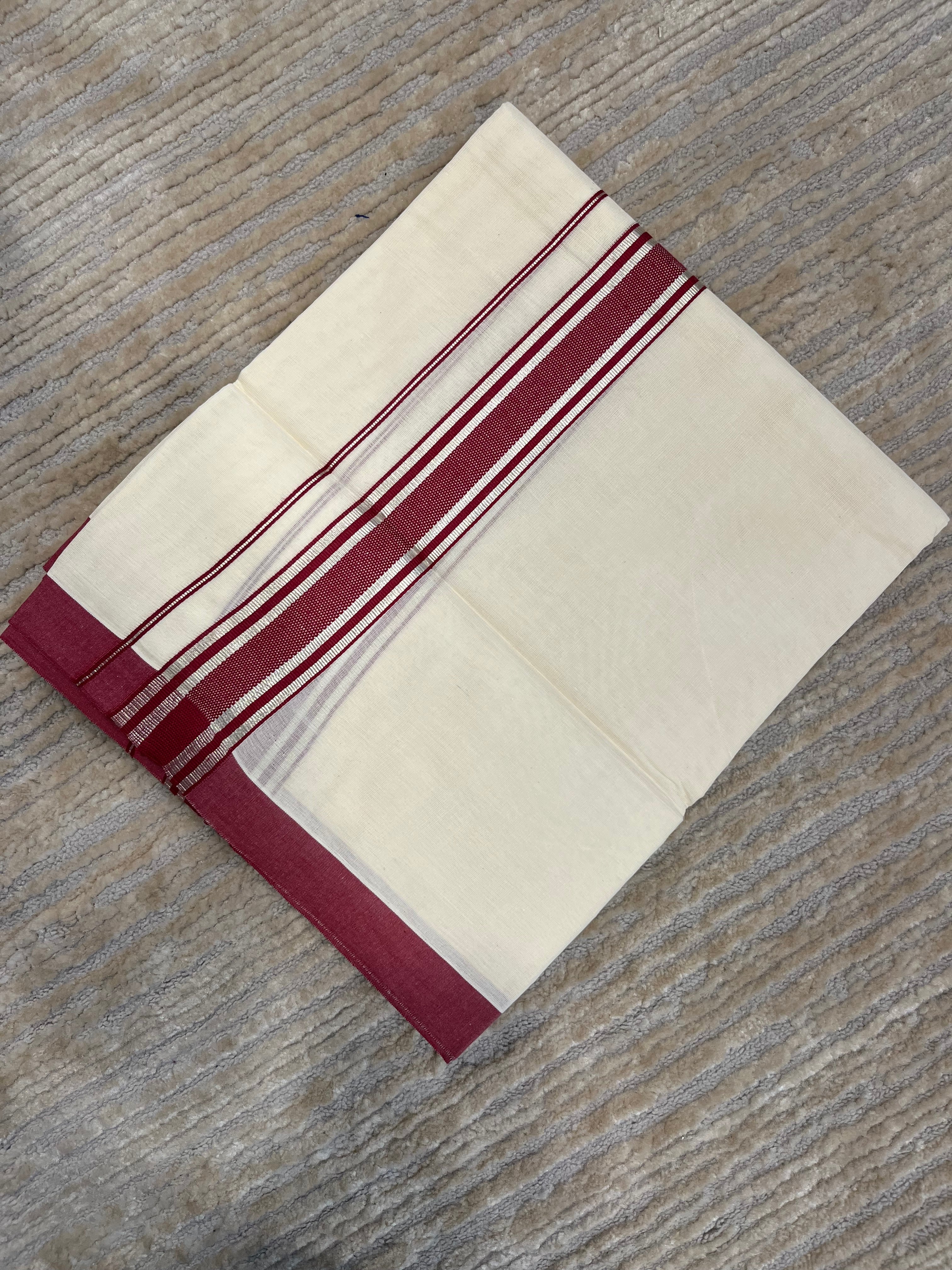 Pure Cotton Mundu with Silver Lines and Maroon Border (South Indian Ke ...