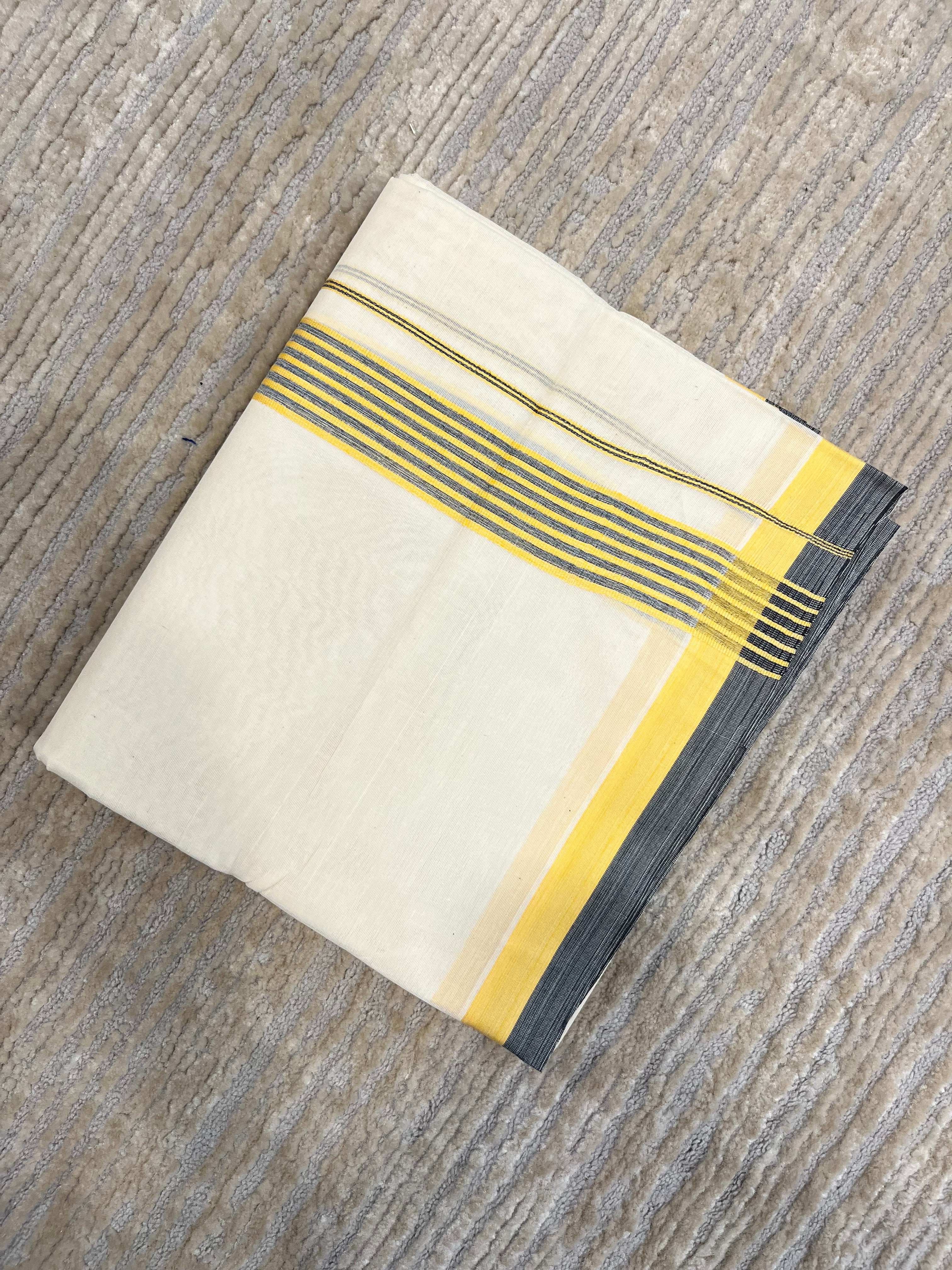 Off White Pure Cotton Double Mundu with Grey and Yellow Kara (South In ...