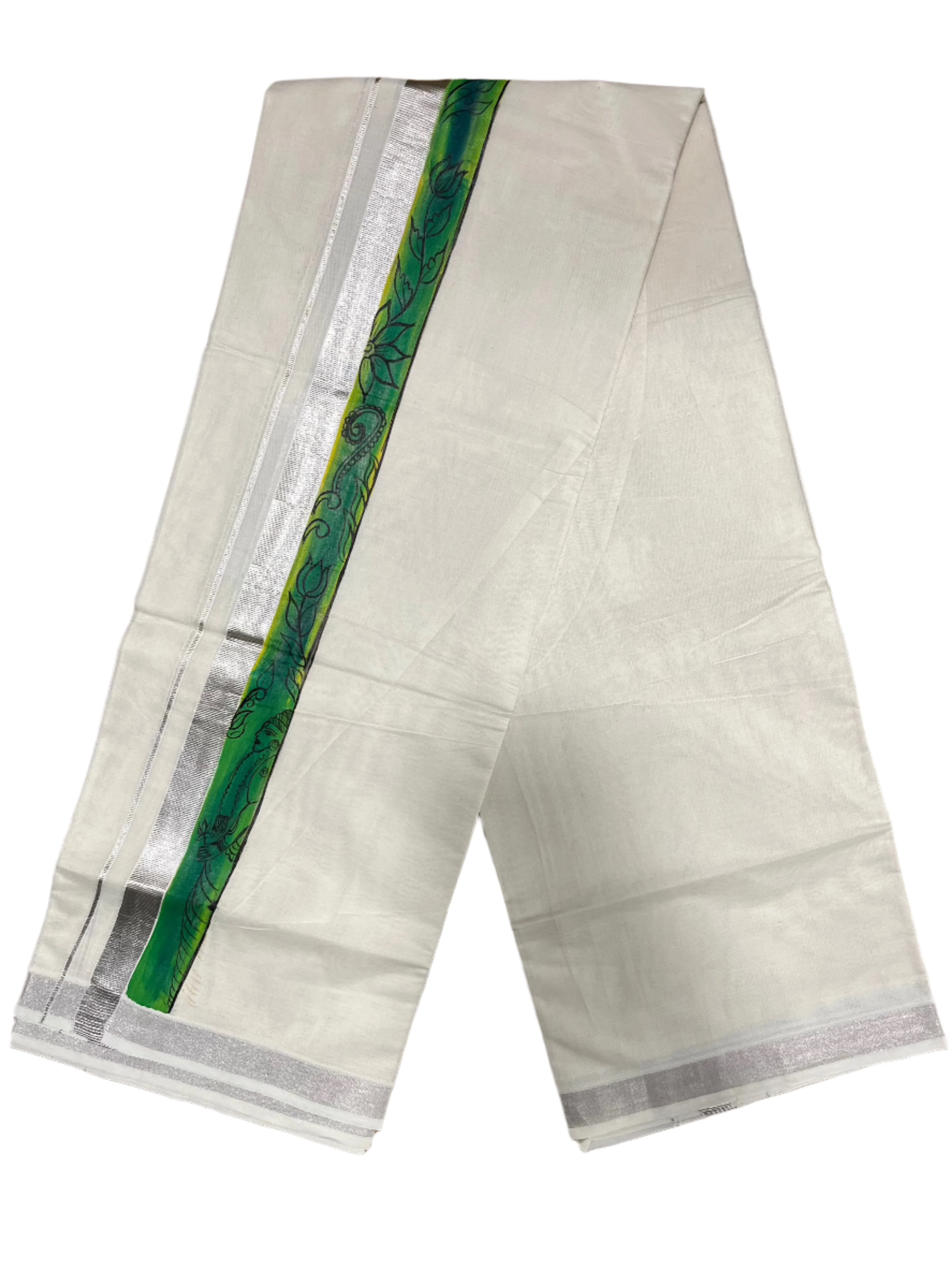 Kerala Pure Cotton Double Mundu with Mural Hand Painted Design on Silv ...