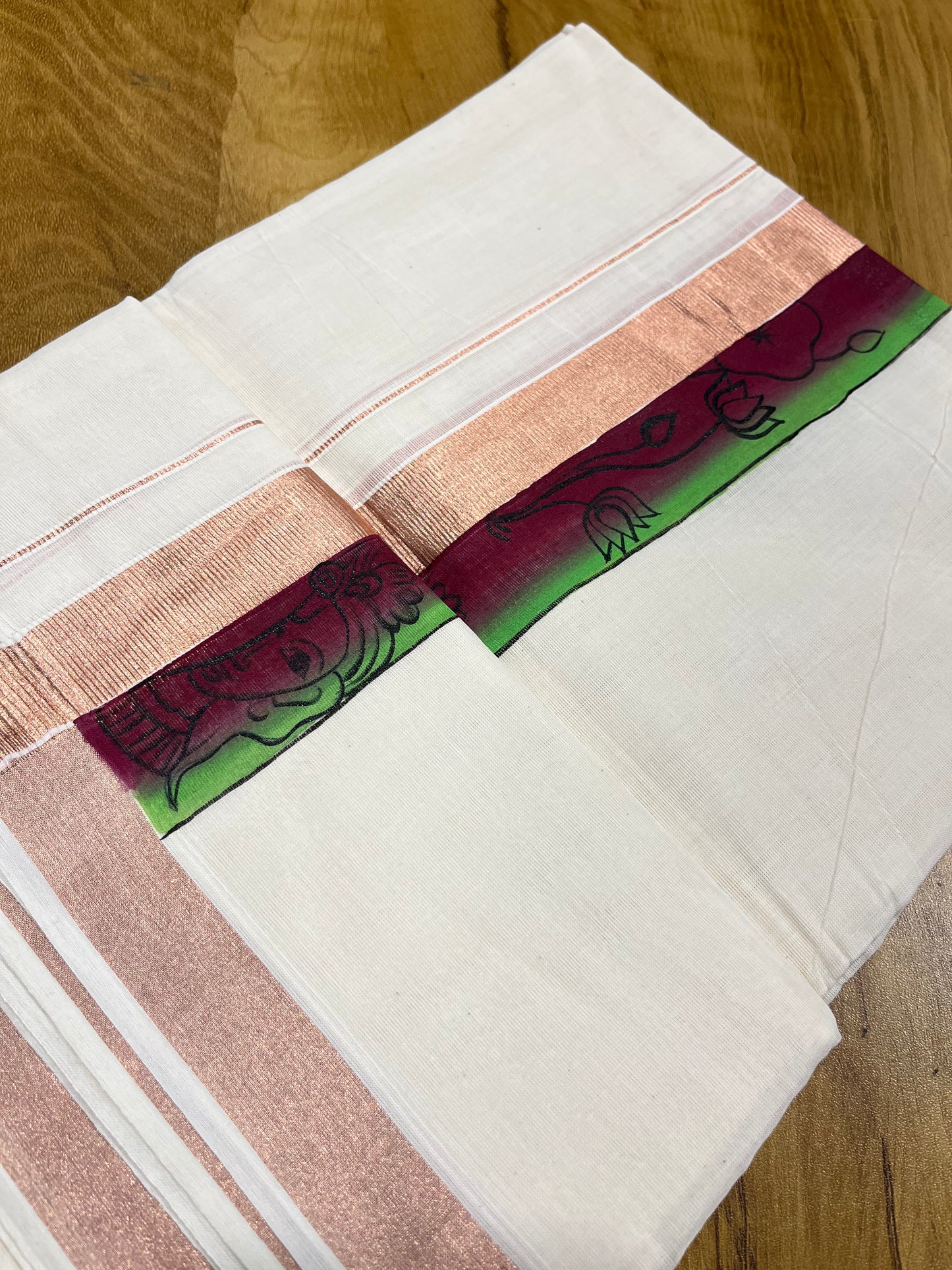 Southloom Antique Copper Kasavu Double Mundu with Hand Painted Mural D ...