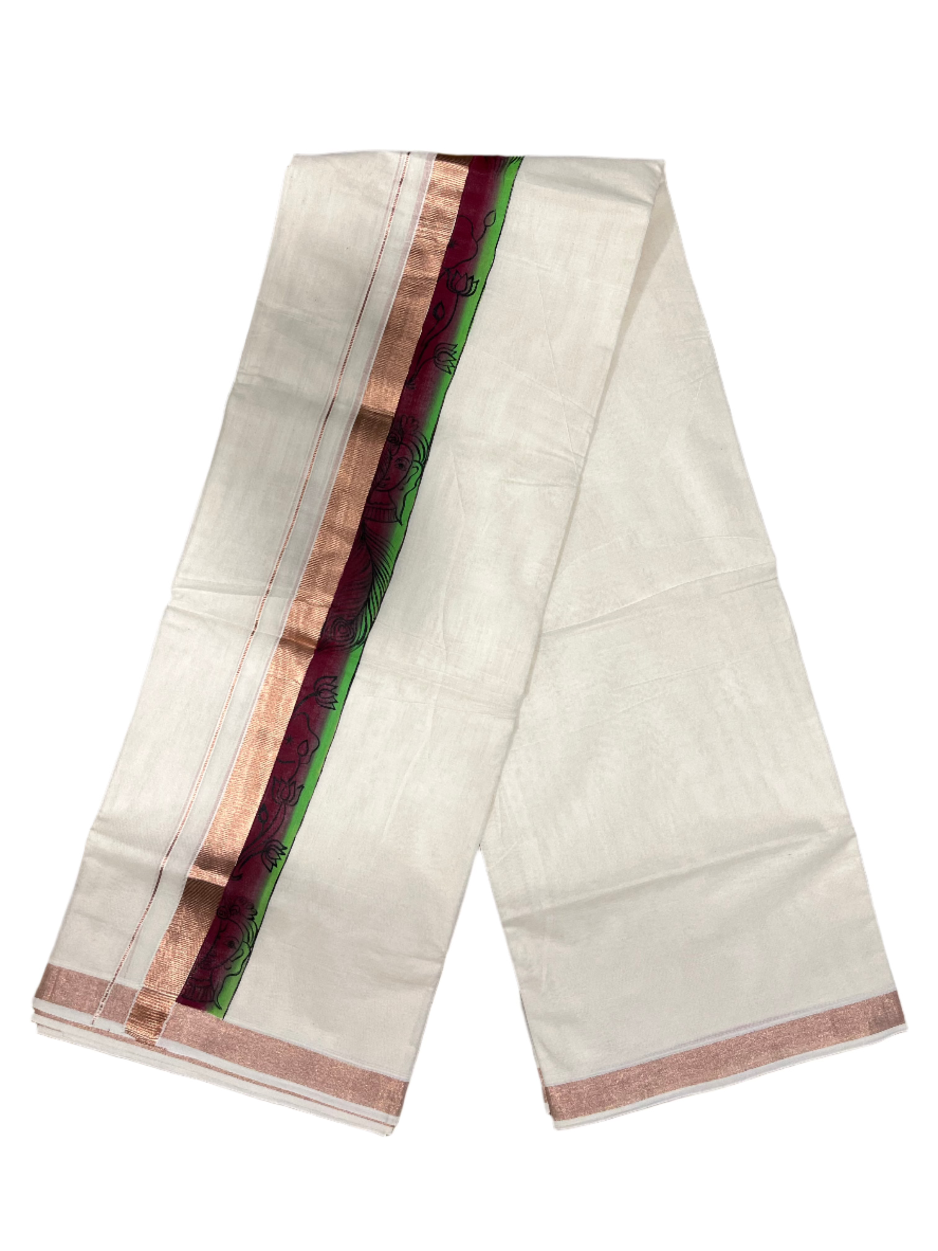 Southloom Antique Copper Kasavu Double Mundu with Hand Painted Mural D ...