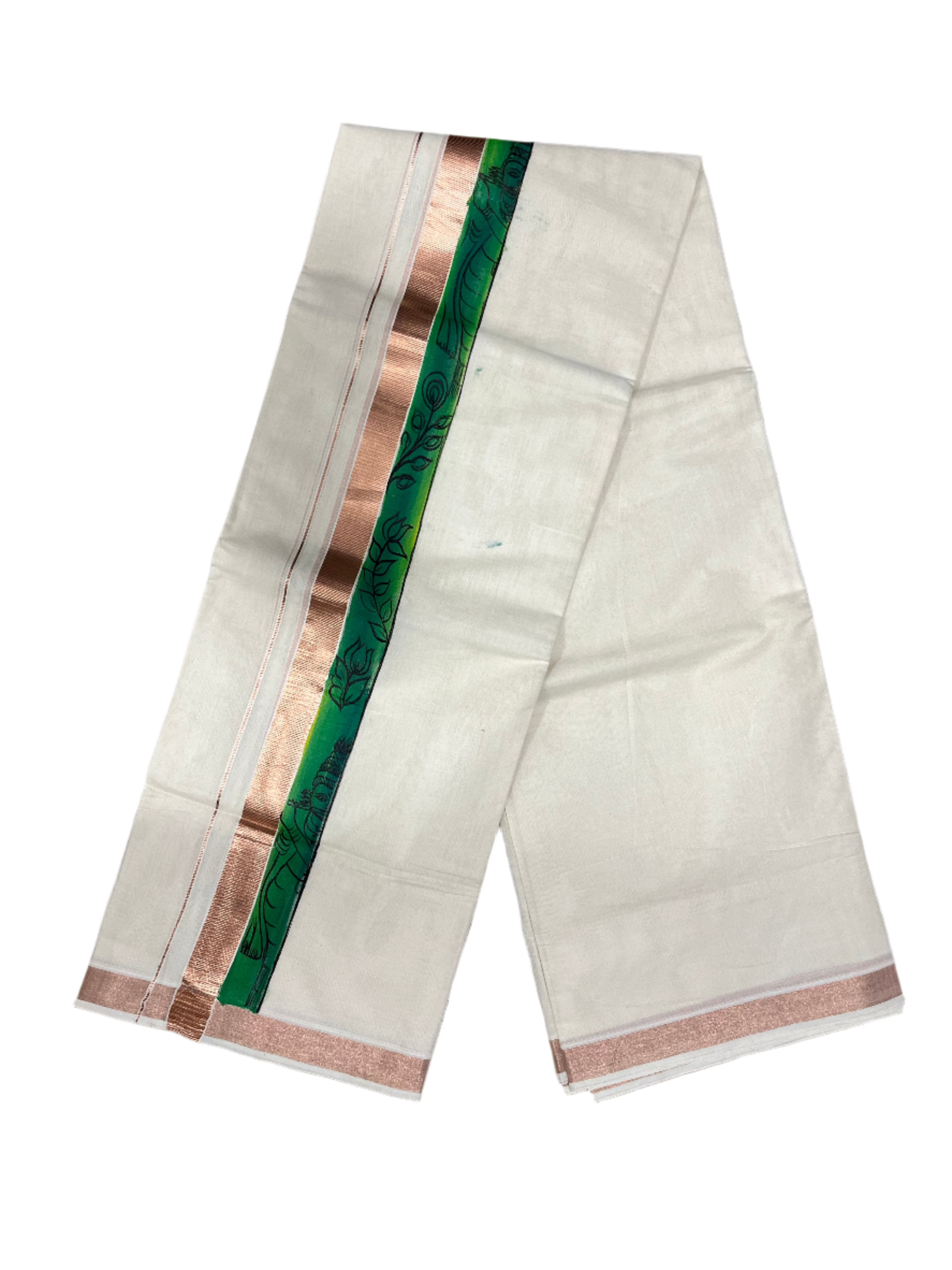 Southloom Antique Copper Kasavu Double Mundu with Hand Painted Mural D ...