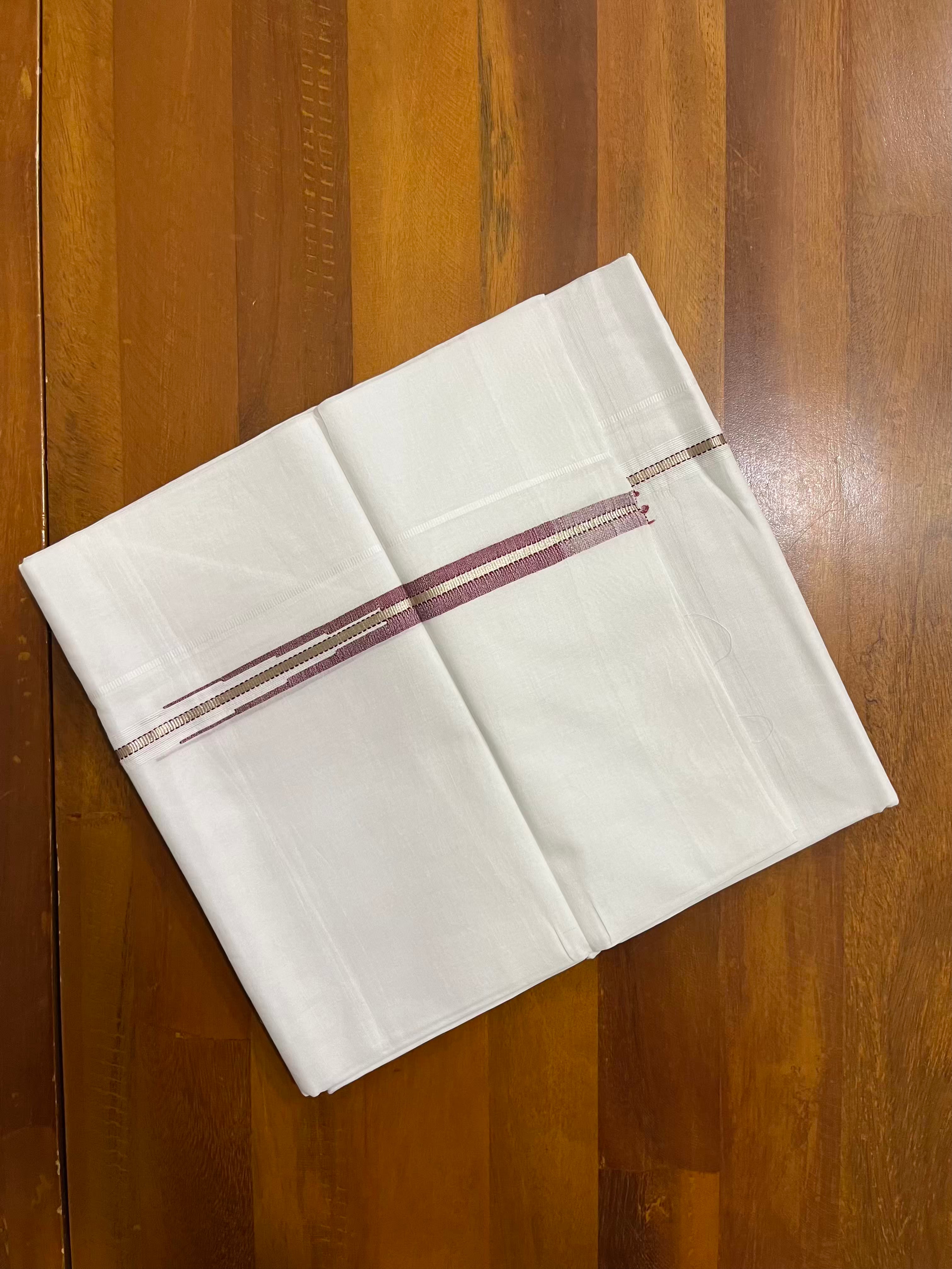 Pure White Cotton Double Mundu with Silver Maroon Chutti Kara (South I ...