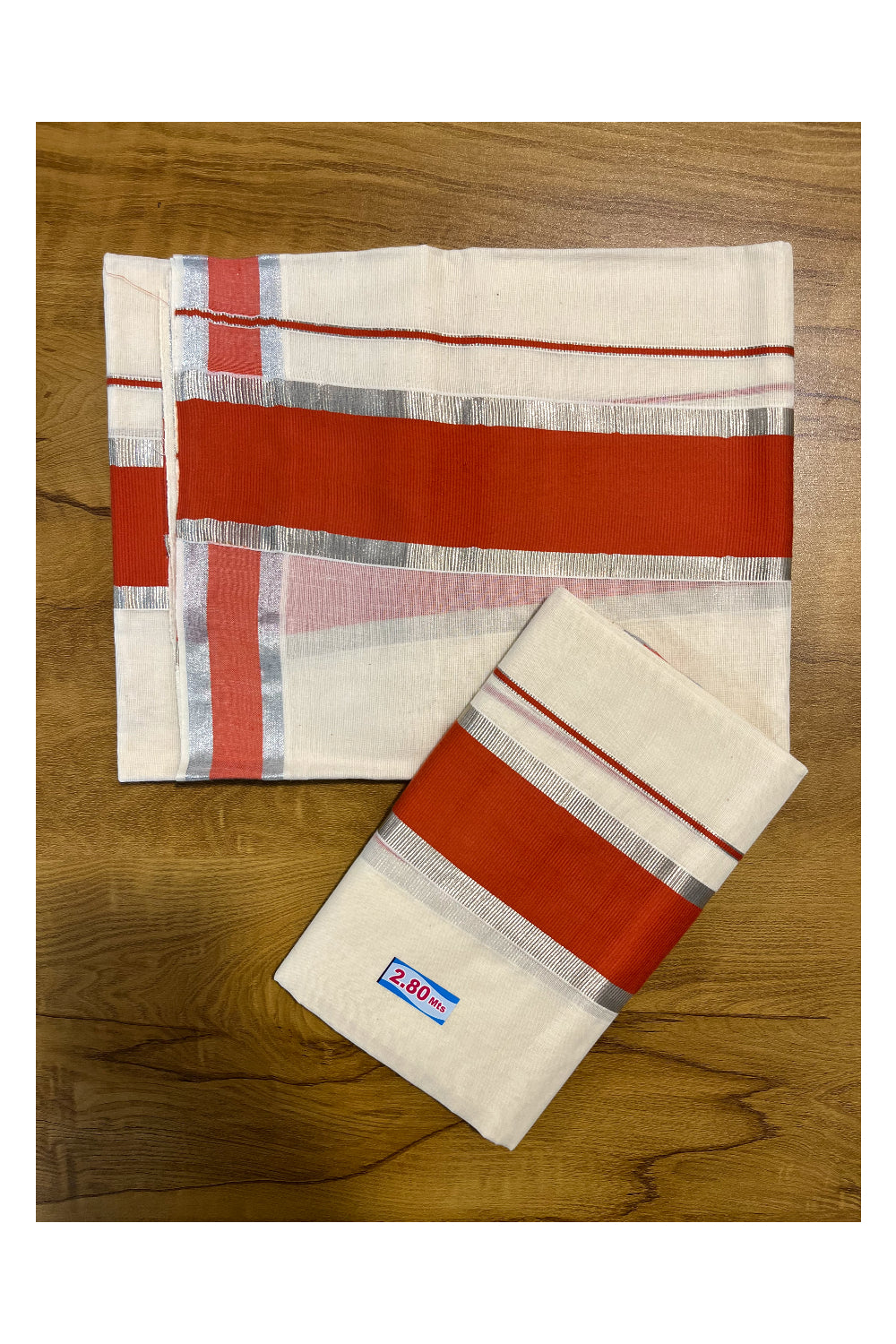 Kerala Cotton Mundum Neriyathum Single (Set Mundu) with Dark Orange an ...