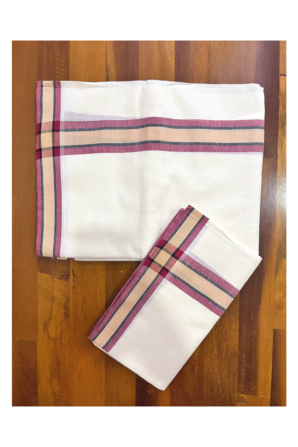 Kerala Mulloth Cotton Single Mundum Neriyathum with Maroon Beige Borde ...