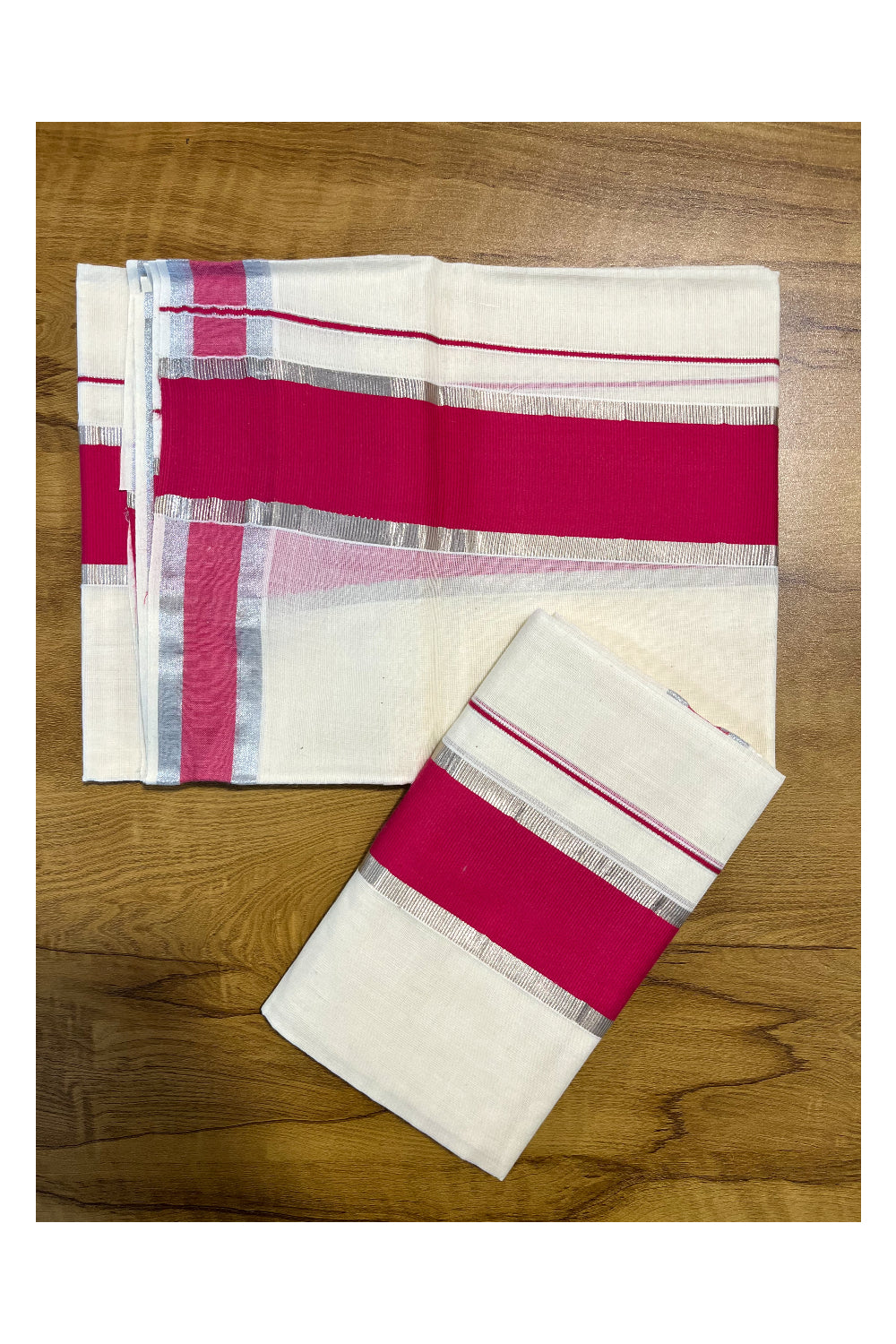Kerala Cotton Mundum Neriyathum Single (Set Mundu) with Dark Pink and ...
