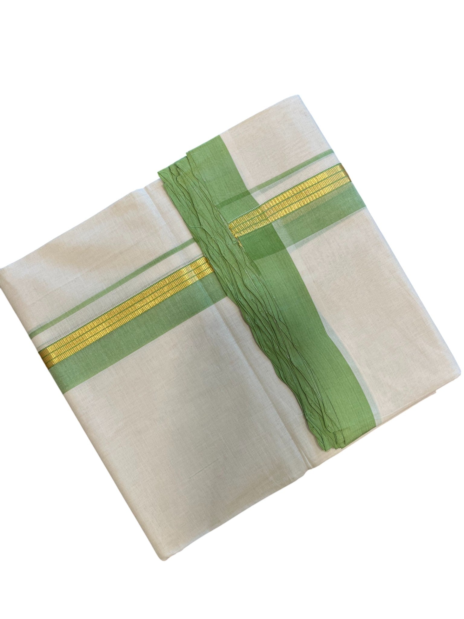 Southloom Premium Handloom Cotton Double Mundu with Gold and Green Bor ...