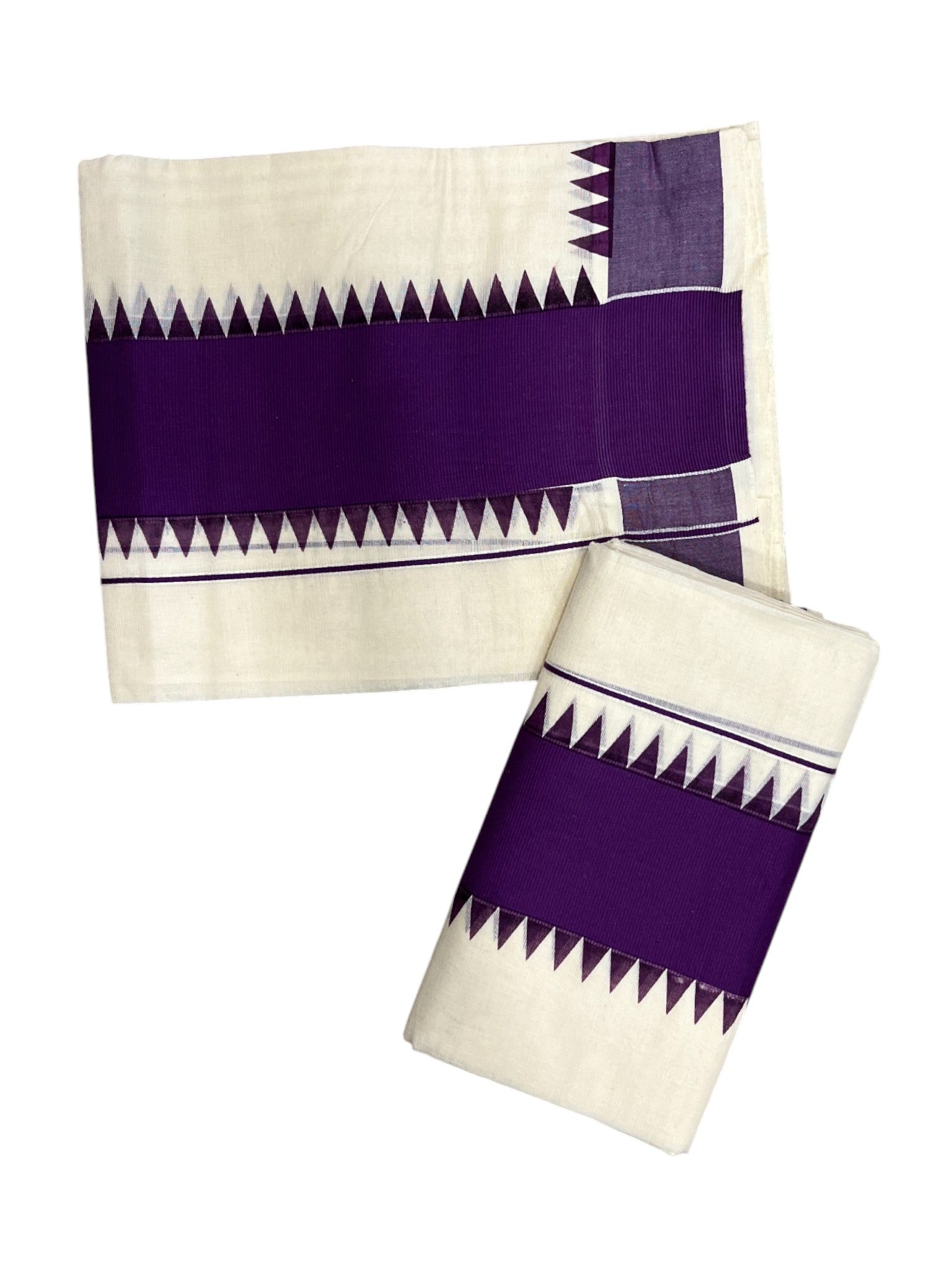 Kerala Pure Cotton Set Mundu Single (Mundum Neriyathum) with Violet Te ...