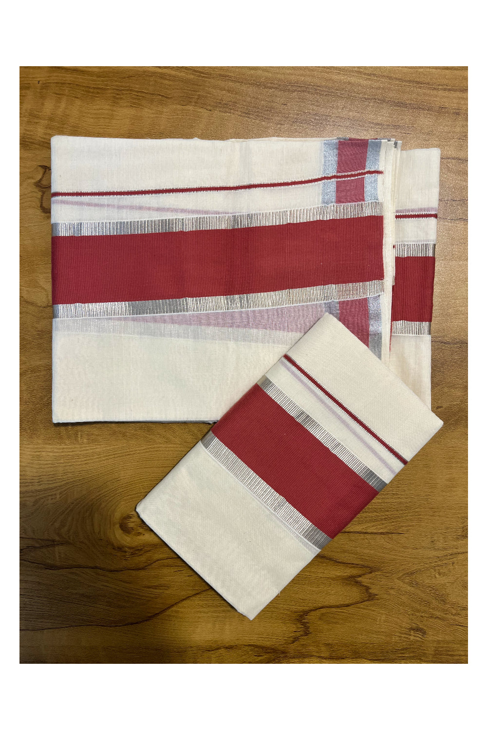Kerala Cotton Mundum Neriyathum Single (Set Mundu) with Brick Red and ...