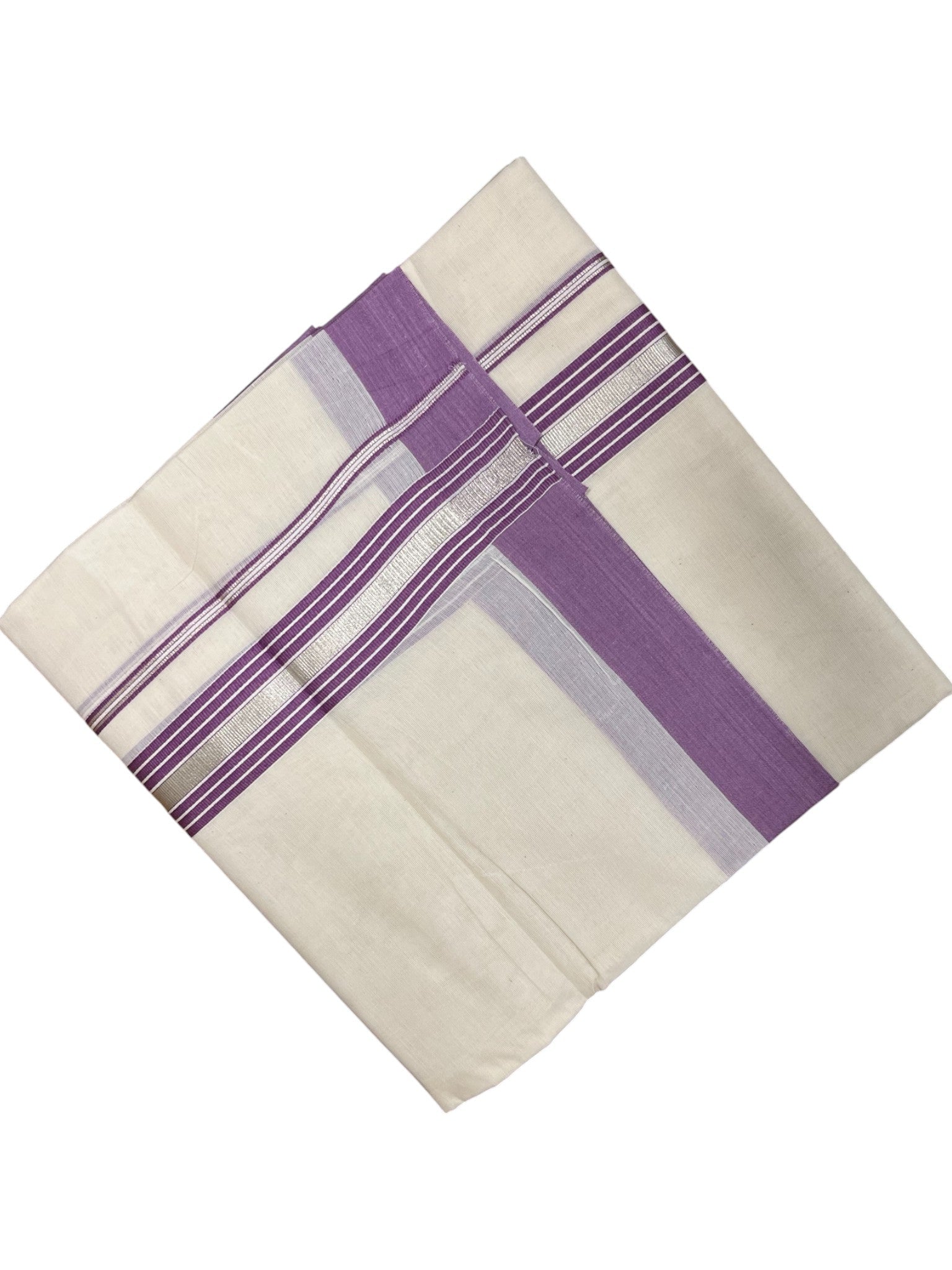 Southloom Kerala Pure Cotton Double Mundu with Lavender And Silver Lin ...