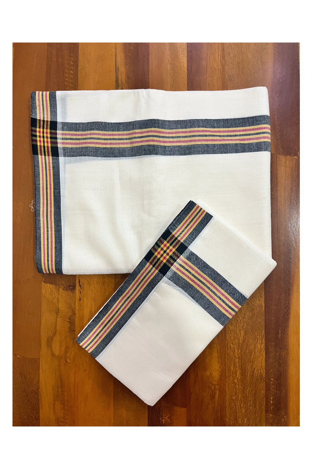 Kerala Mulloth Cotton Single Mundum Neriyathum with Black Yellow Maroo ...