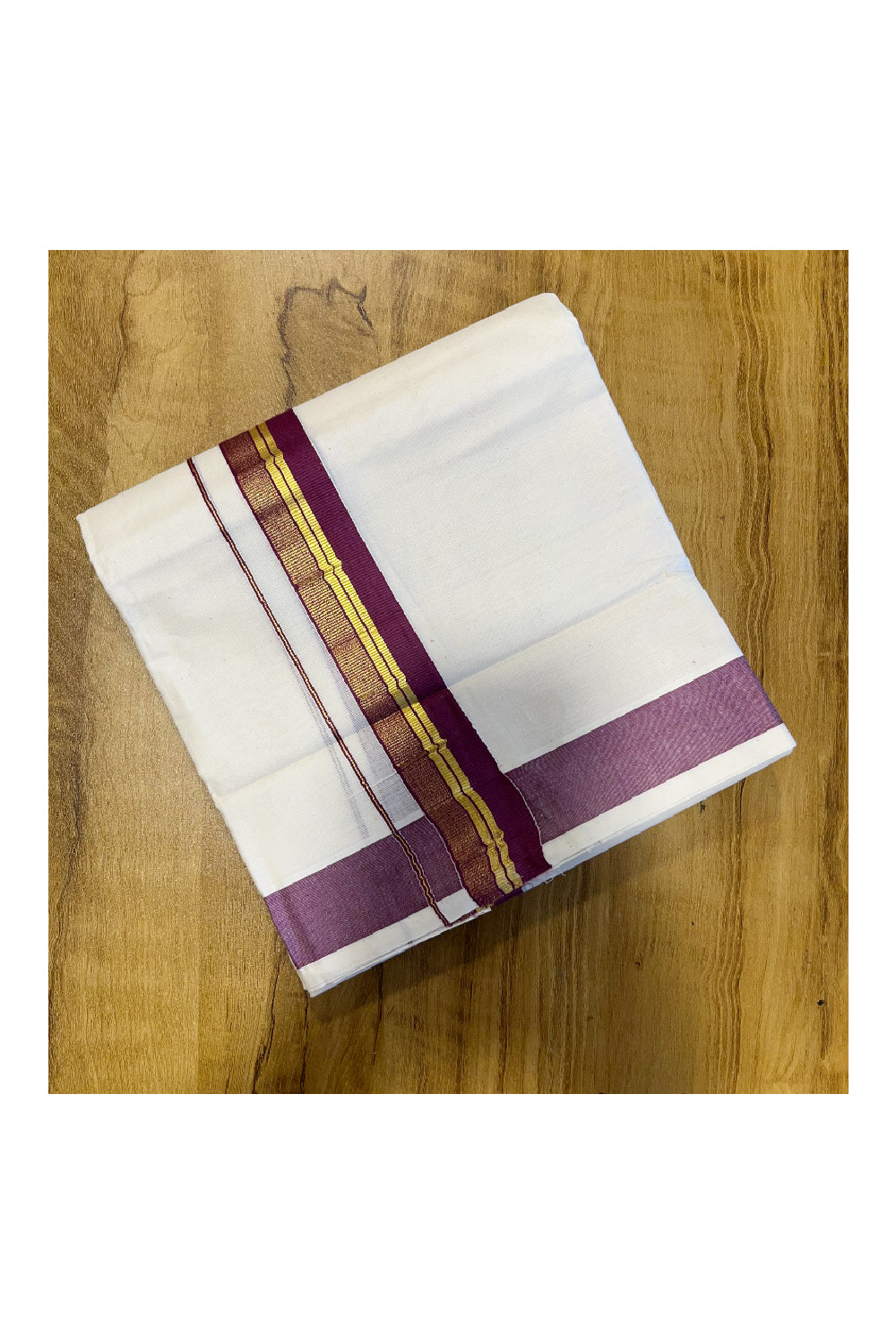 Pure Cotton Mundu with Gold Lines and Majenta Border (South Indian Ker ...