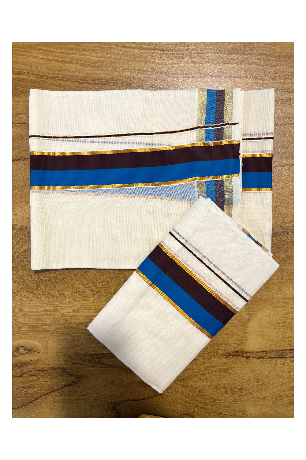 Kerala Cotton Kasavu Set Mundu (Mundum Neriyathum) with Brown and Blue ...