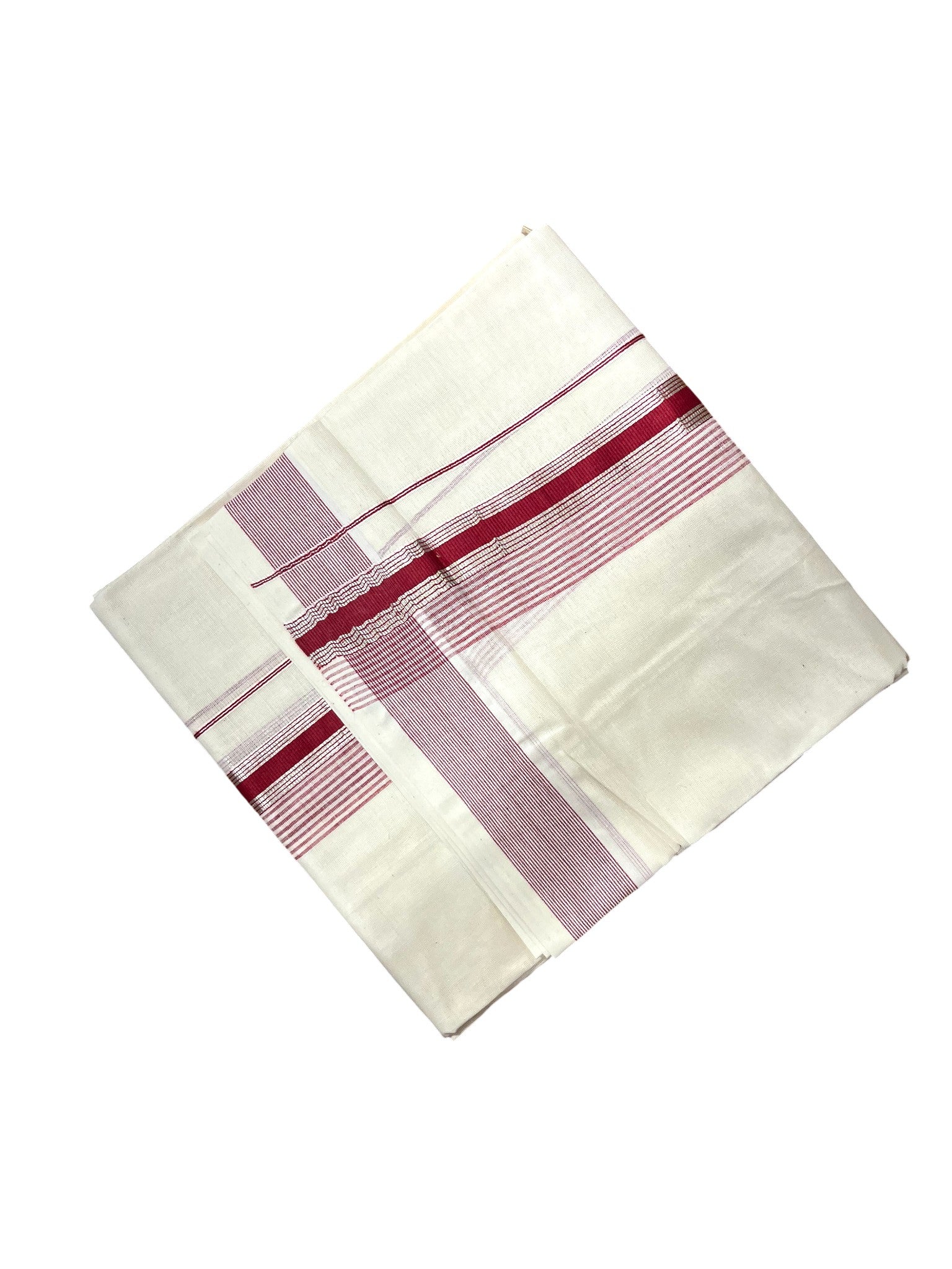 Southloom Kerala Pure Cotton Double Mundu with Silver Lines & Maroon B ...