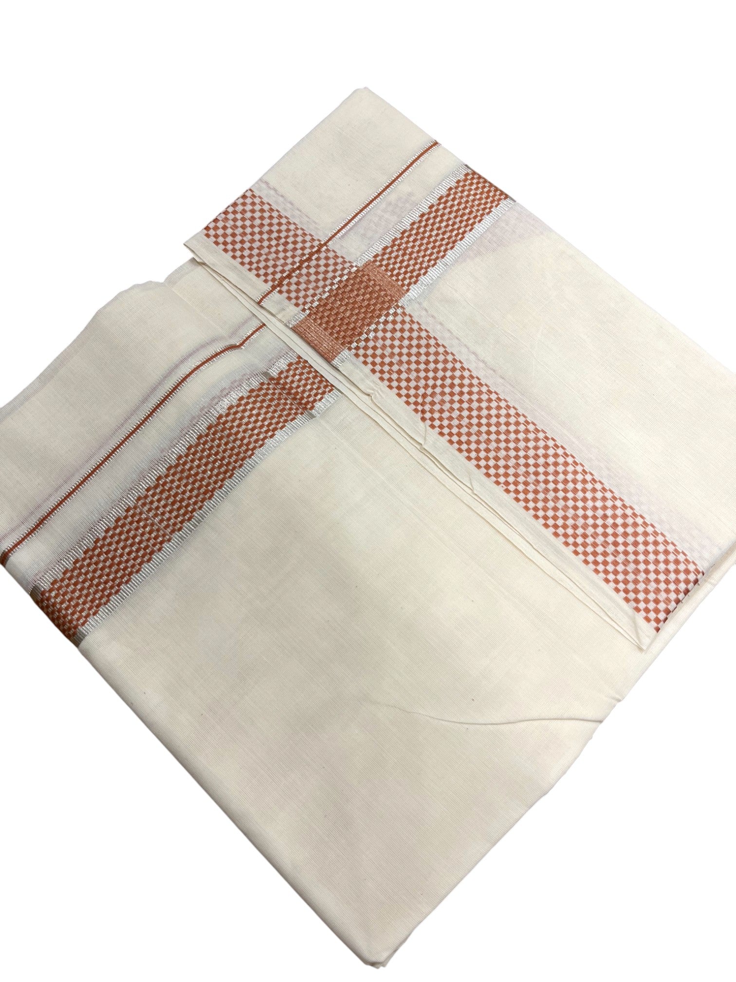 Southloom Kerala Pure Cotton Double Mundu with Silver Lines & Orange B ...
