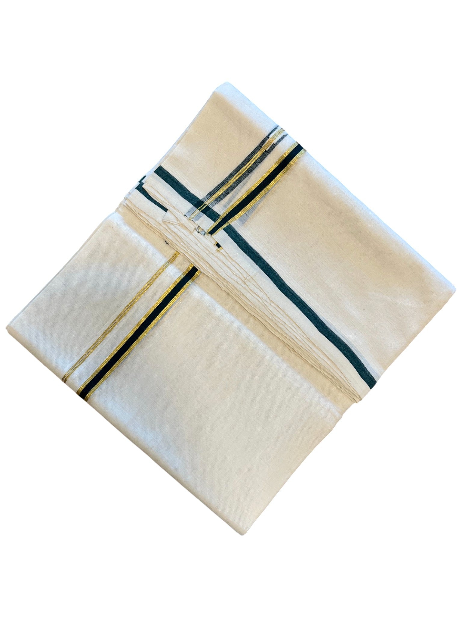Southloom Premium Handloom Cotton Double Mundu with Golden and Green B ...