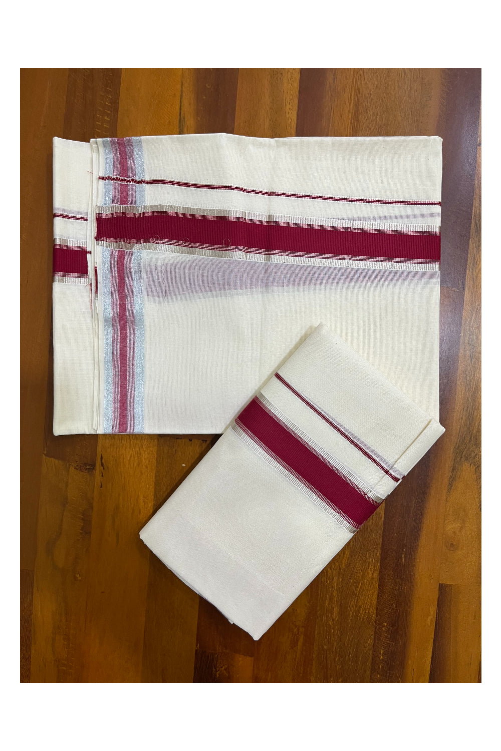 Kerala Cotton Set Mundu (Mundum Neriyathum) with Silver Kasavu and Mar ...