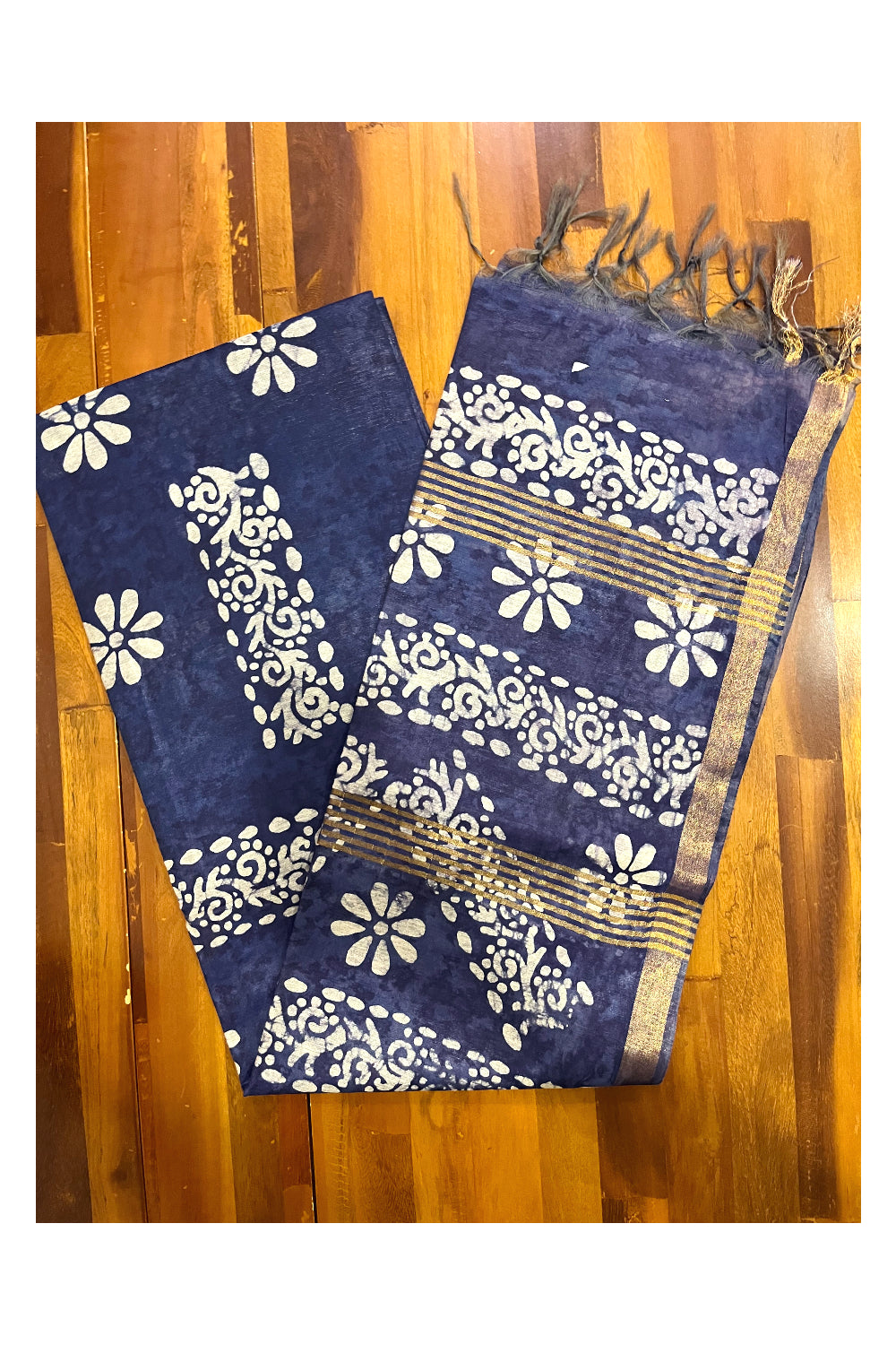 Southloom Cotton Dark Blue Saree with Baswara Prints on Body and Pallu ...