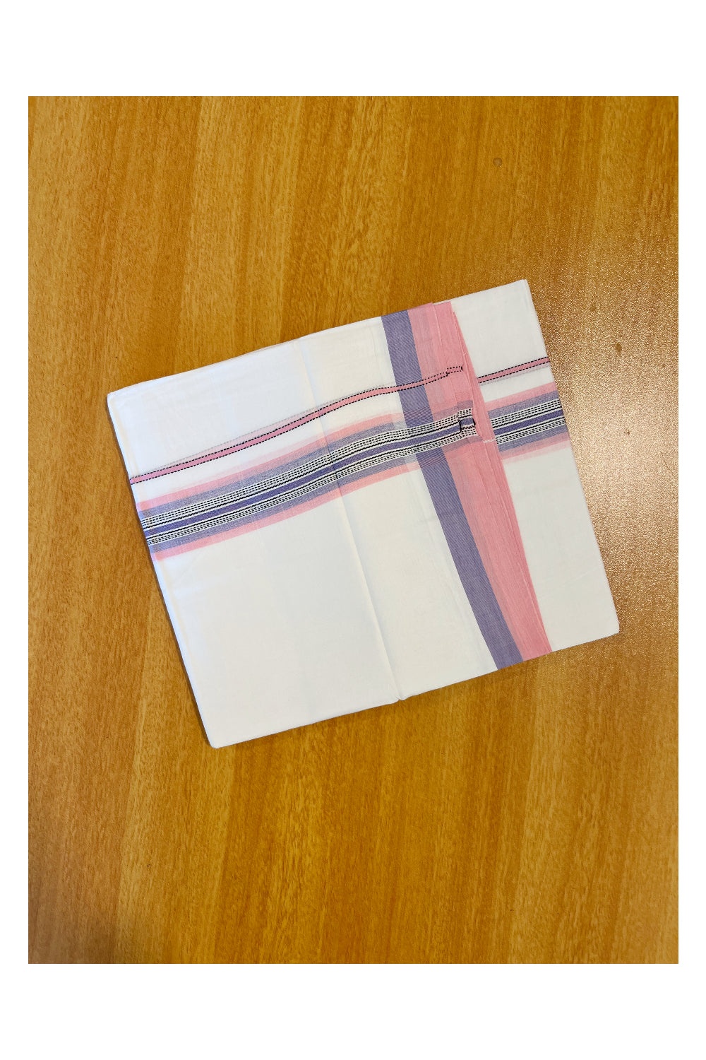 Pure White Cotton Double Mundu with Blue And Pink Border (South Indian ...