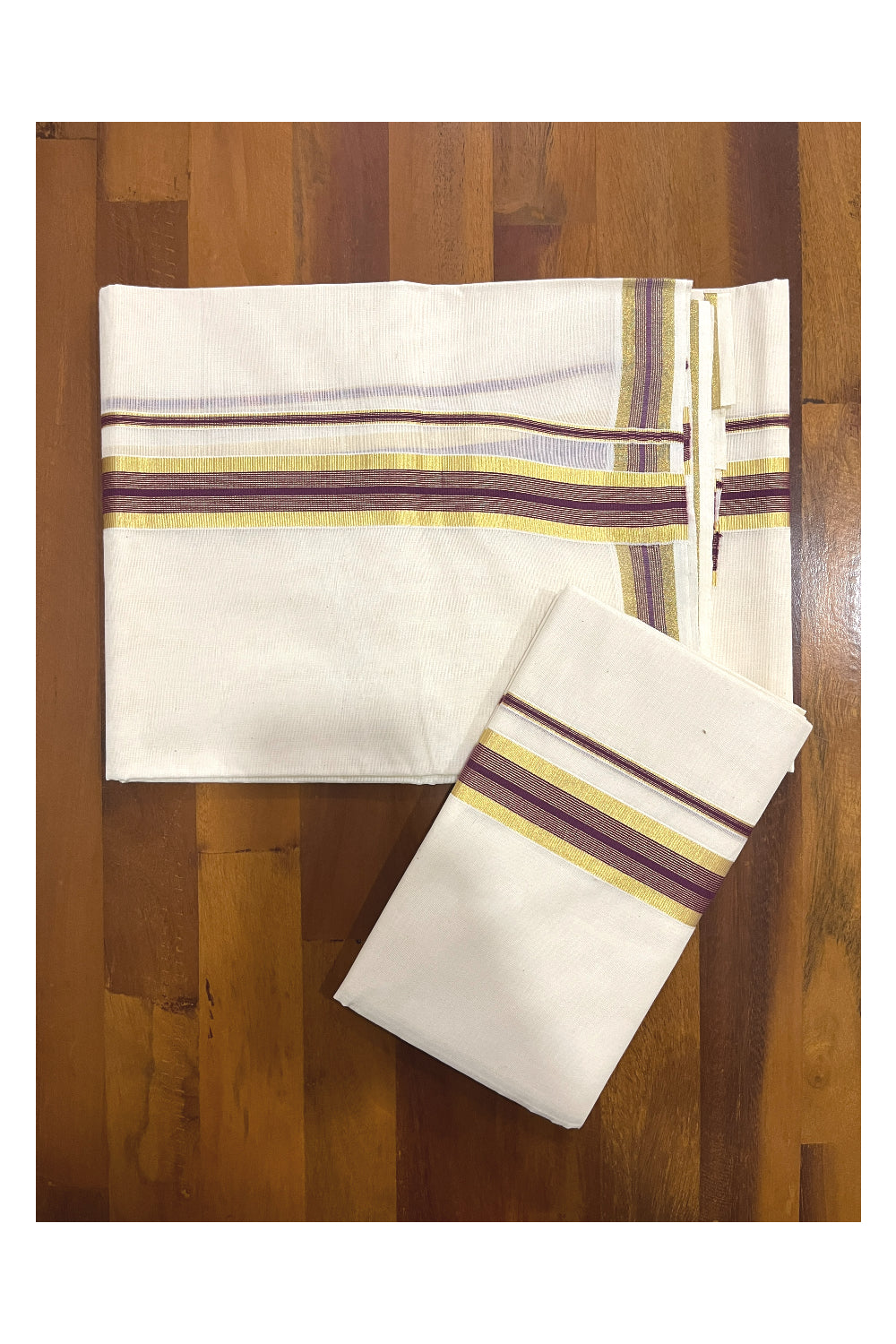 Kerala Cotton Mundum Neriyathum Single (Set Mundu) with Kasavu and Pur ...