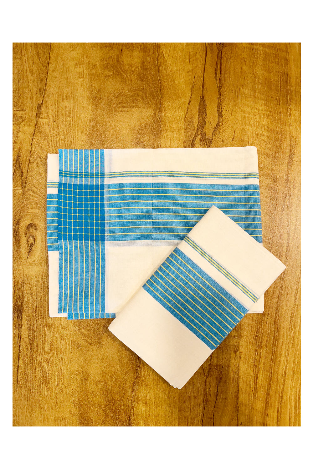 Southloom Mulloth Soft Cotton Blue Yellow Border Set Mundu 2.80 Mtrs ...