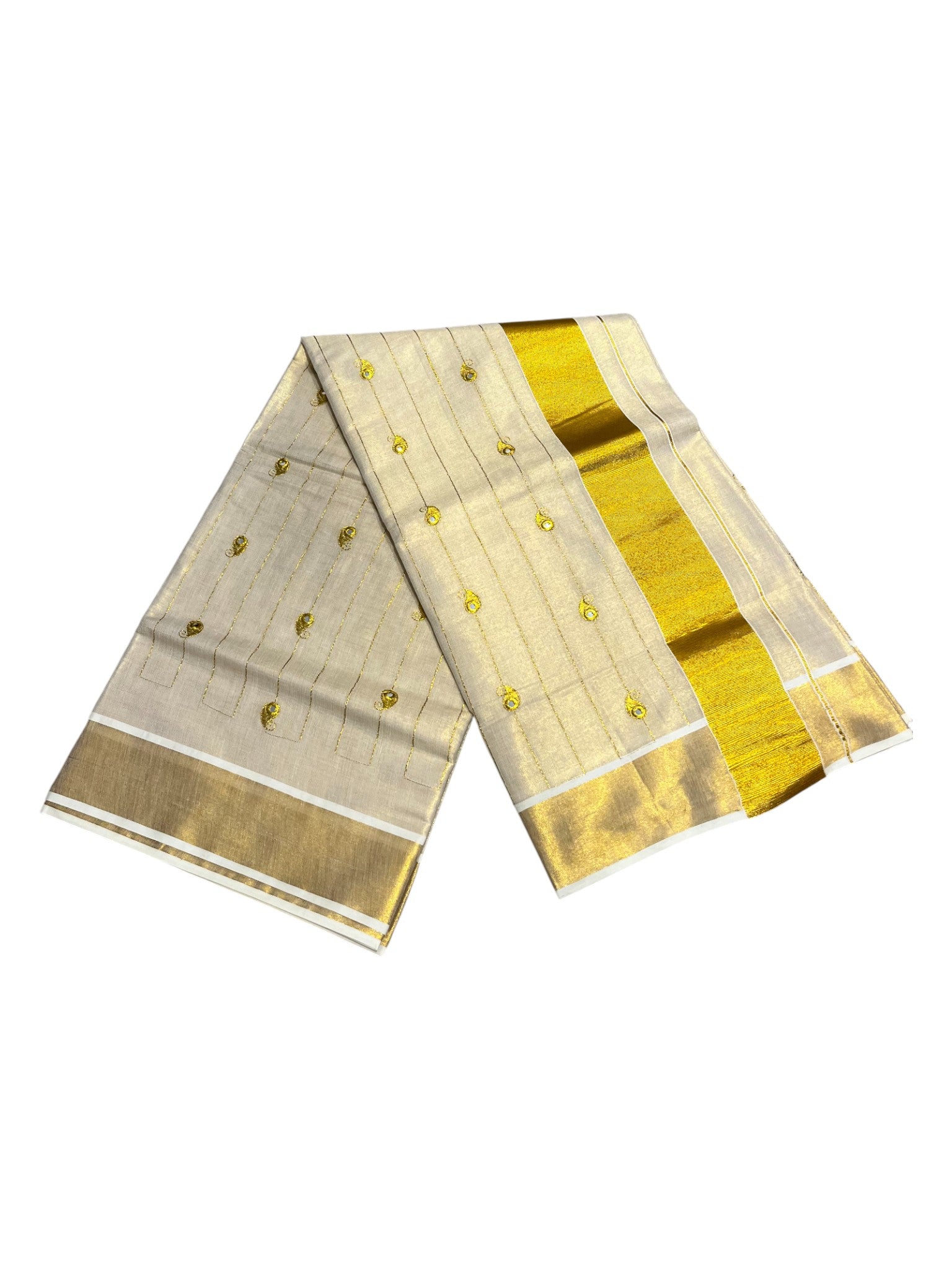 Kerala Tissue Kasavu Saree with Golden Embroidery Works – Southloom.com ...
