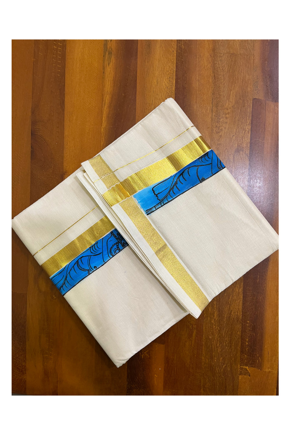 Kerala Pure Cotton Double Mundu with Hand Painted Designs on Kasavu Bo ...