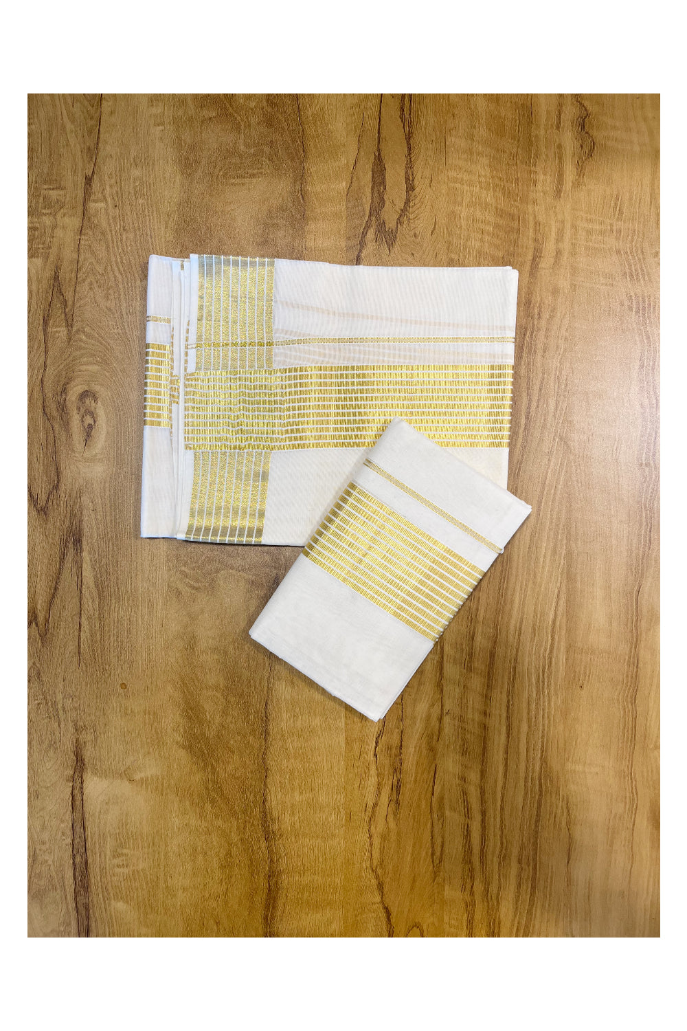 Kerala Cotton Set Mundu (Mundum Neriyathum) with Golden Lines on Borde ...