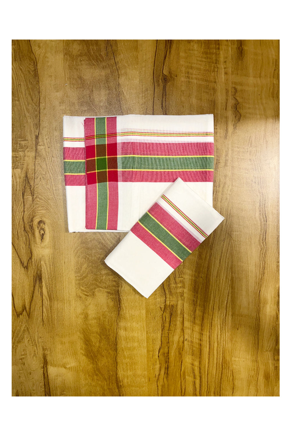 Pure Cotton Mundum Neriyathum Double (Set Mundu) with Green and Pink B ...