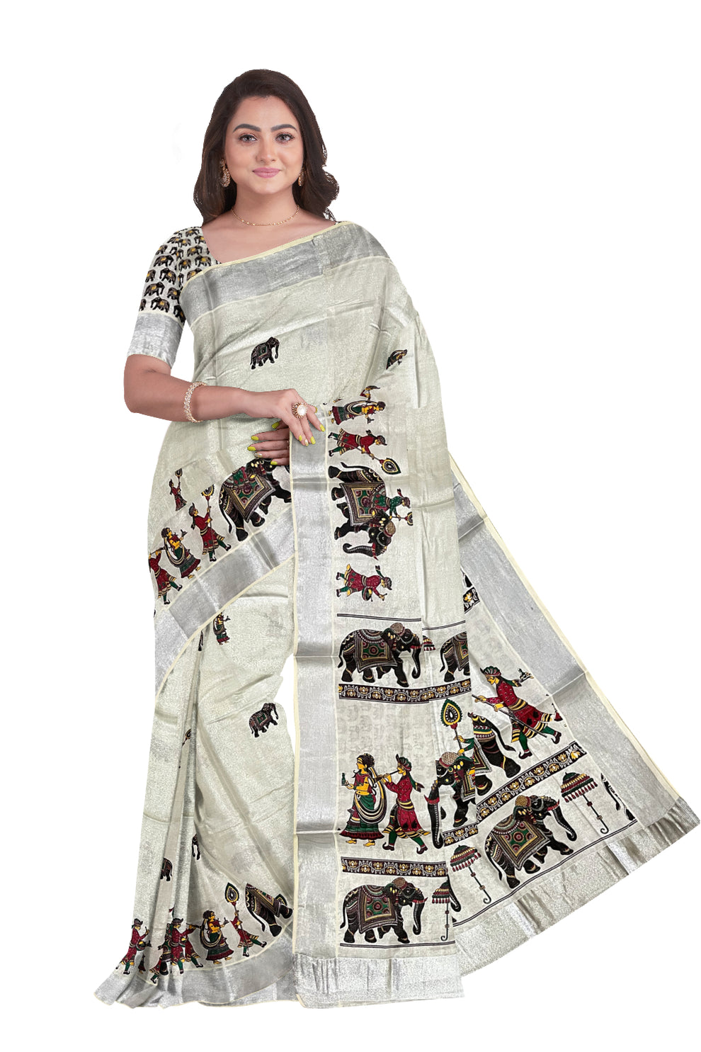 Kerala Silver Tissue Kasavu Saree With Mural Festival Parasol and Elep ...