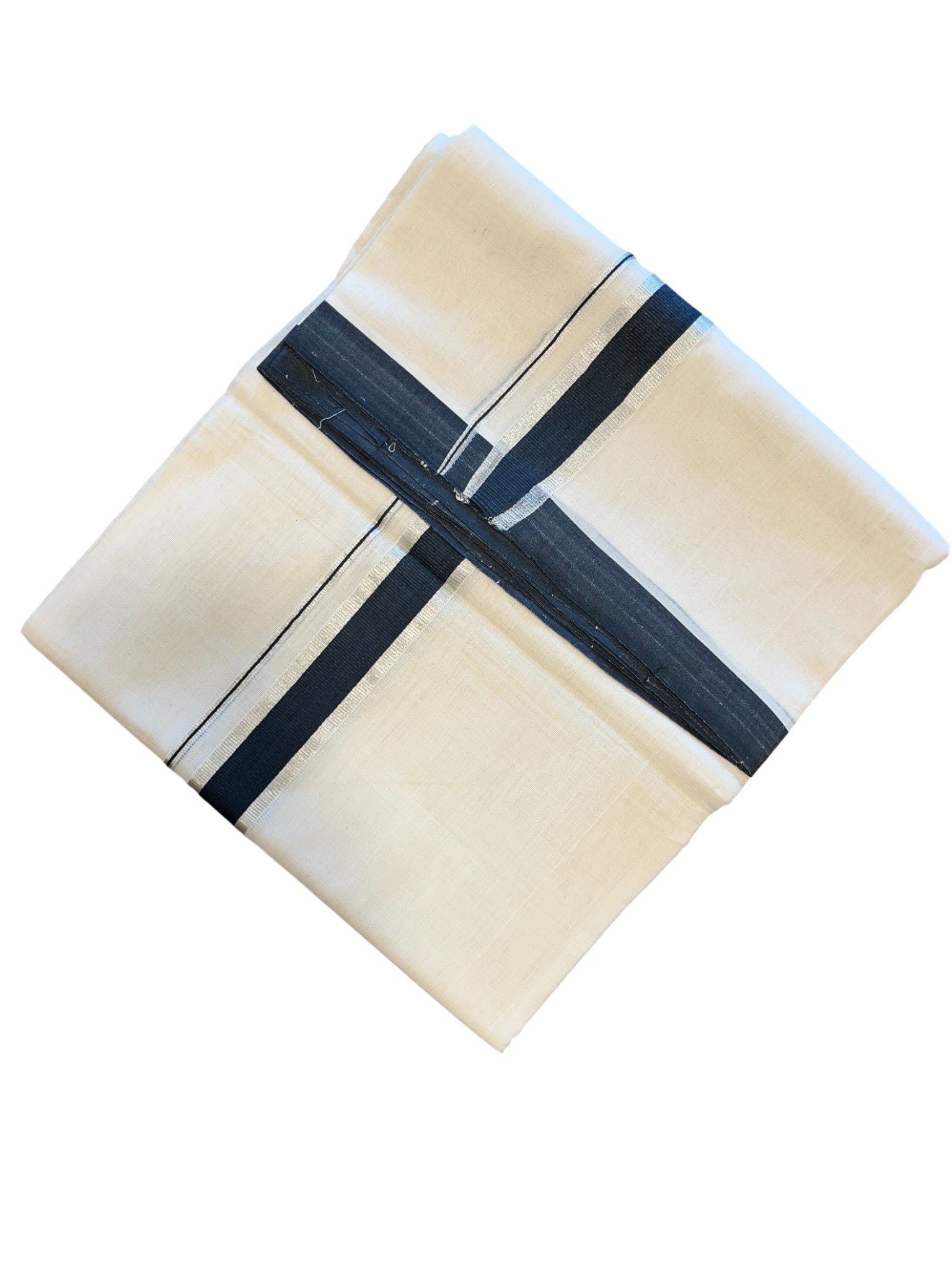 Southloom Premium Handloom Cotton Double Mundu with Silver and Grey Bo ...