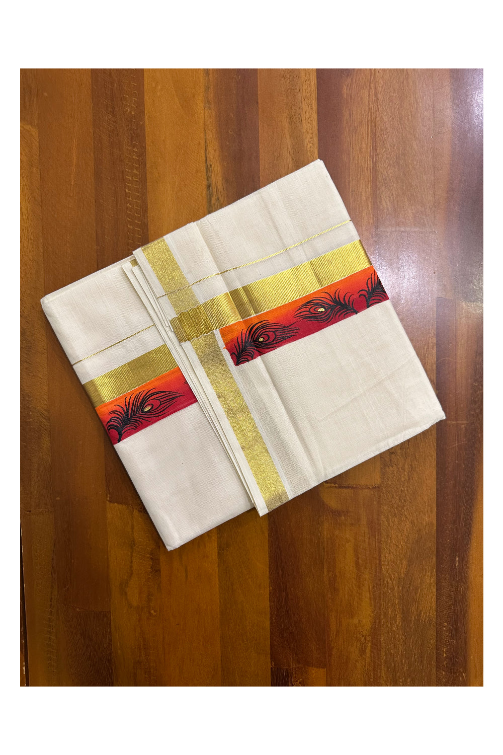 Kerala Pure Cotton Double Mundu with Hand Painted Designs on Kasavu Bo ...
