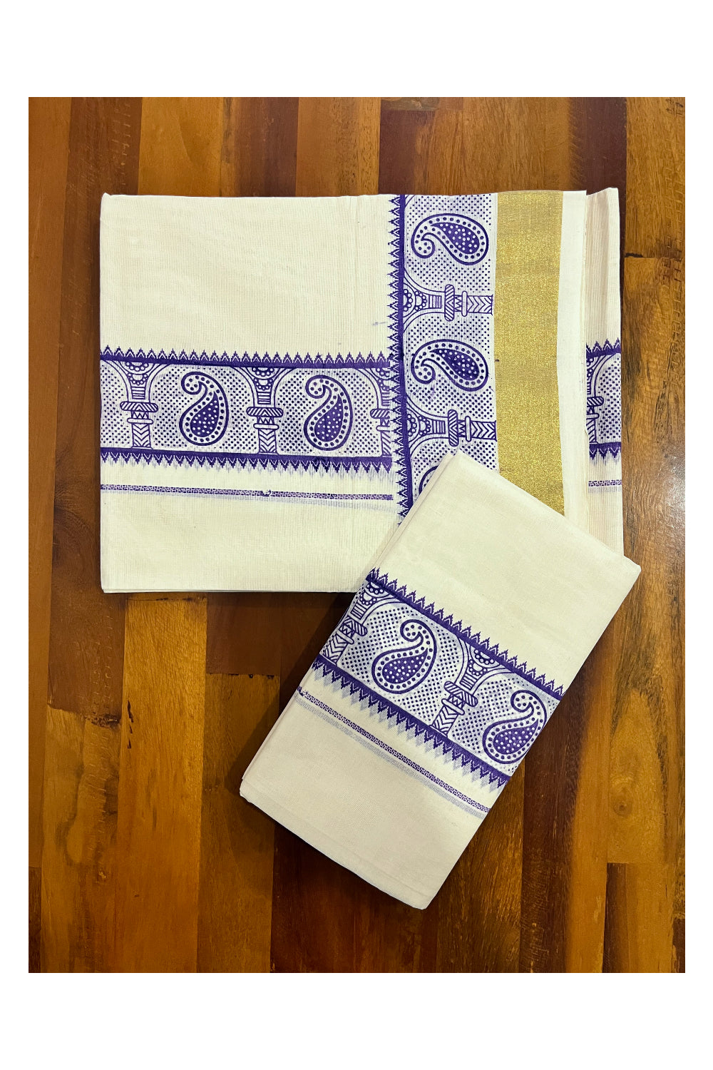 Kerala Pure Cotton Single Set Mundu with Violet Paisley Block Printed ...
