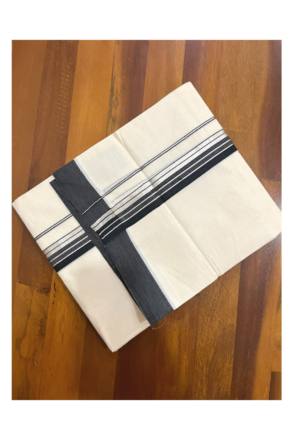 Pure Cotton 100x100 Double Mundu with Silver Kasavu and Black Border ...