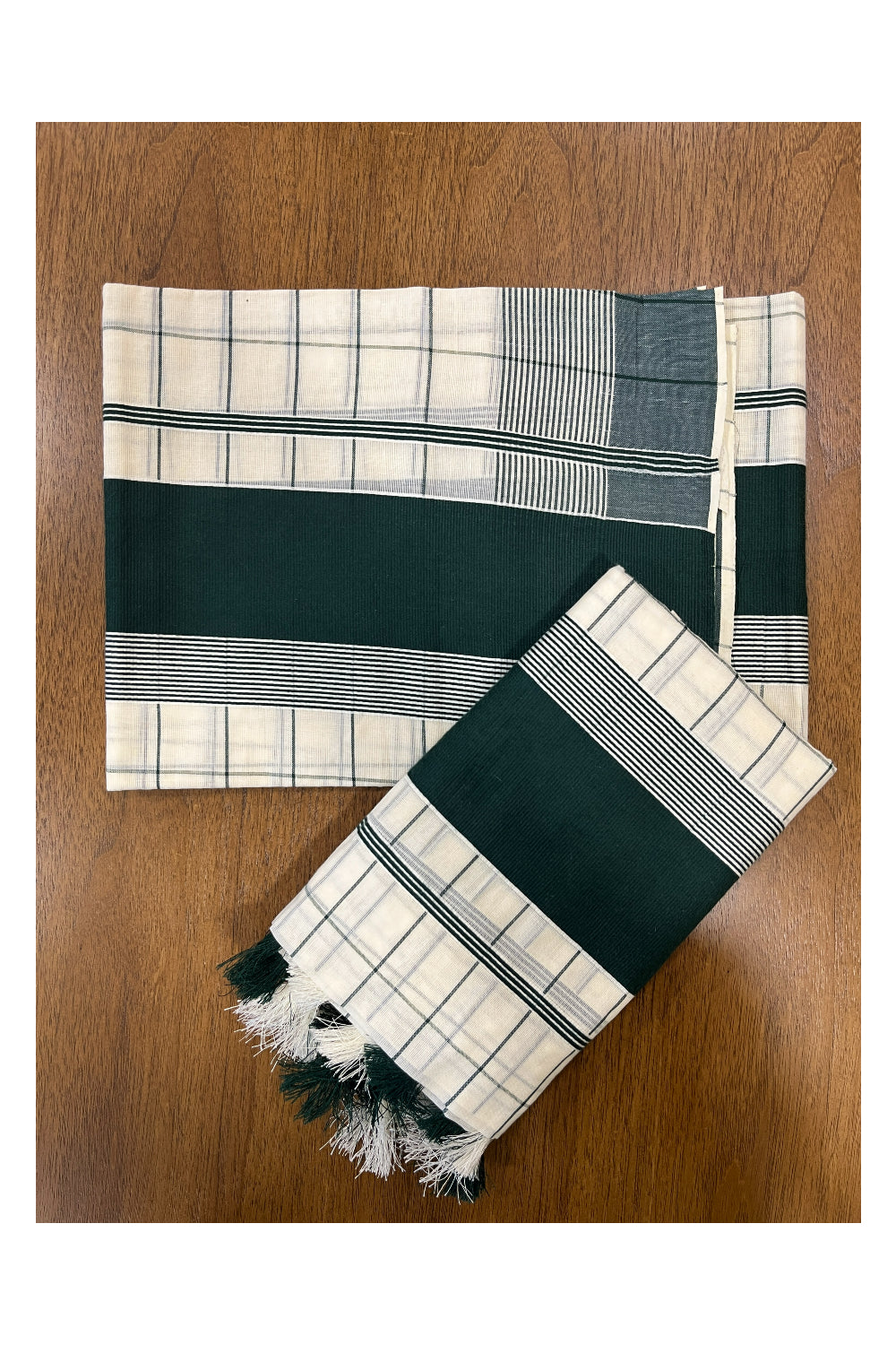 Pure Cotton Kerala Single Set Mundu (Mundum Neriyathum) with Dark Gree ...