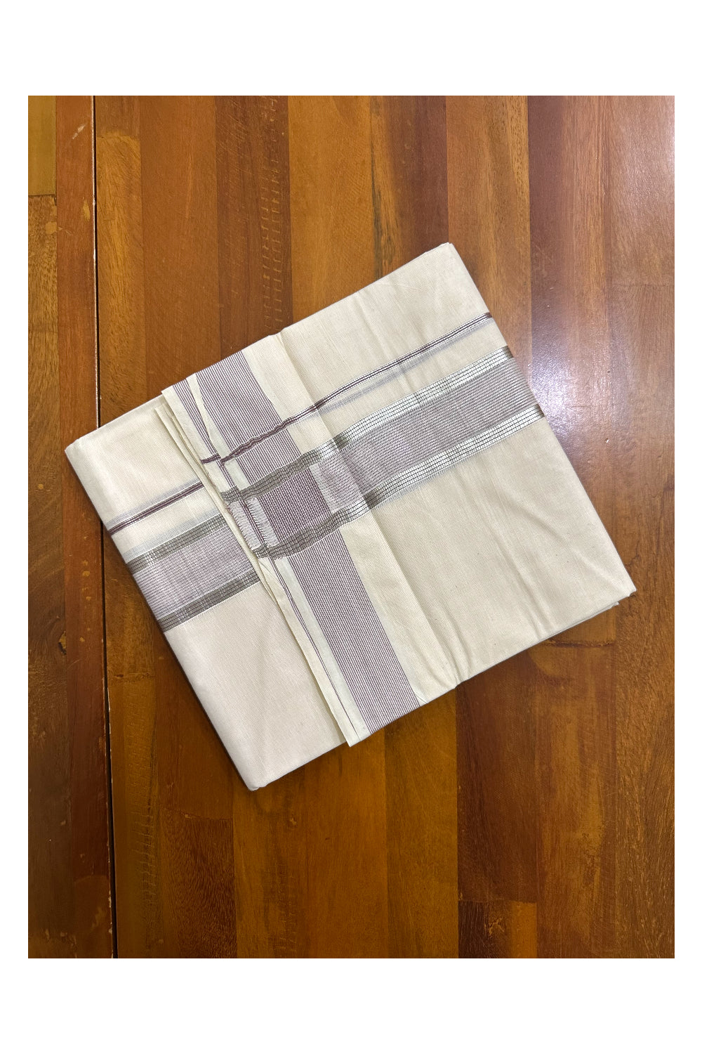 Pure Cotton Off White Double Mundu with Silver Kasavu Lines And Violet ...