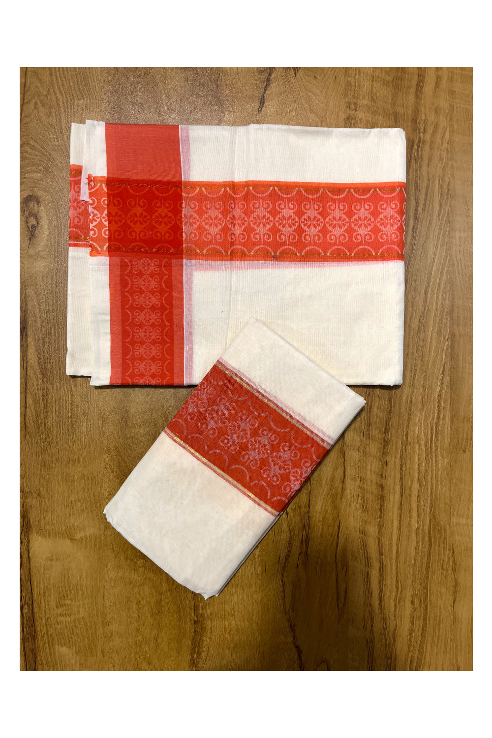 Kerala Cotton Single Set Mundu (Mundum Neriyathum) with Orange Block p ...
