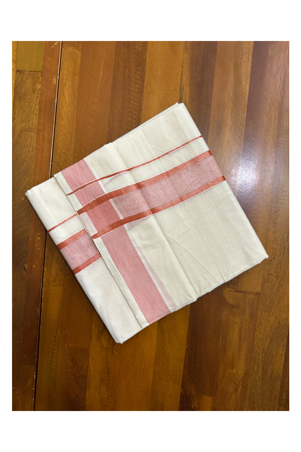 Pure Cotton Off White Double Mundu with Lines And Brick Red Kara (Sout ...