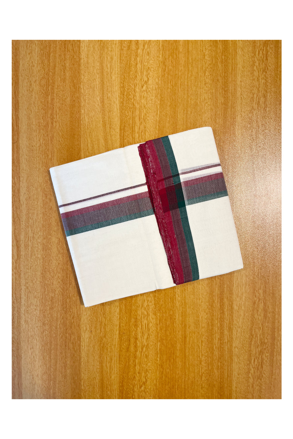 Southloom Premium Handloom Cotton Double Mundu with Green And Maroon B ...