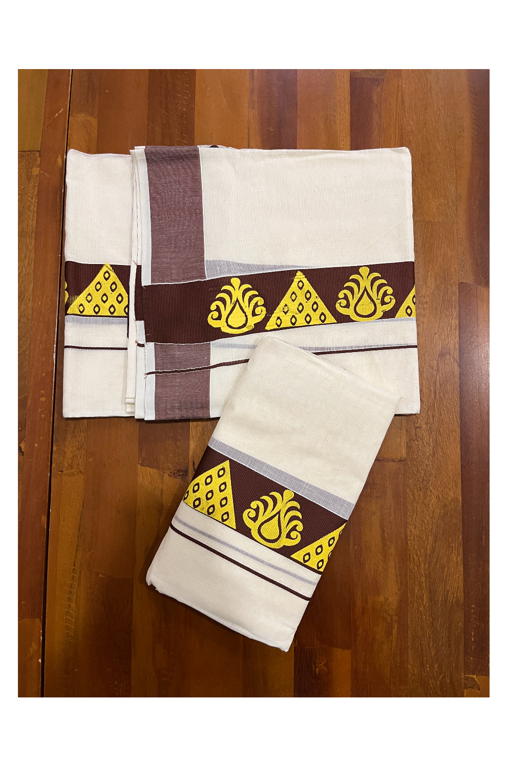 Kerala Cotton Set Mundu Mundum Neriyathum With Yellow Block Prints I