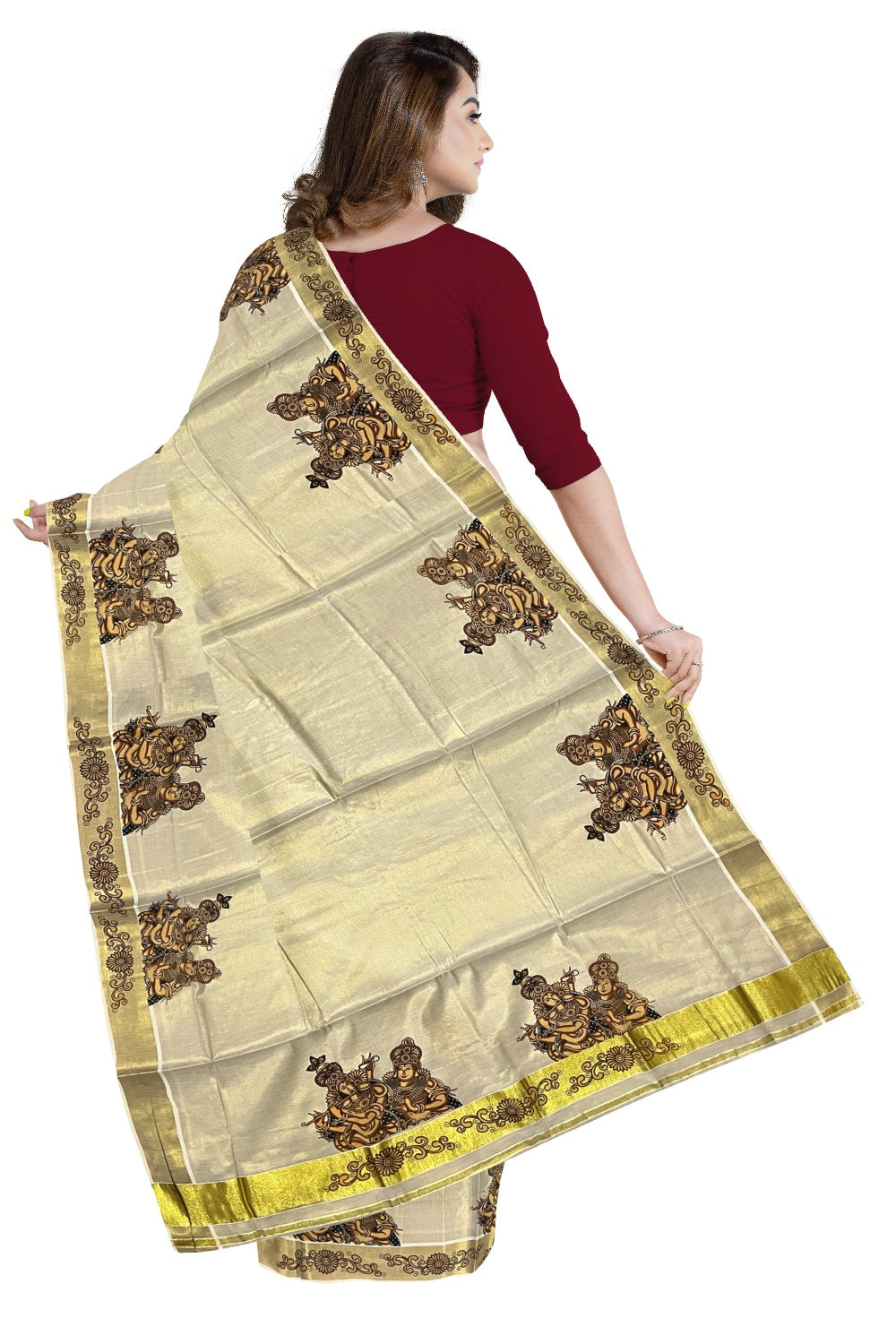 Kerala Tissue Kasavu Saree With Mural Krishna Radha Design and Printed ...